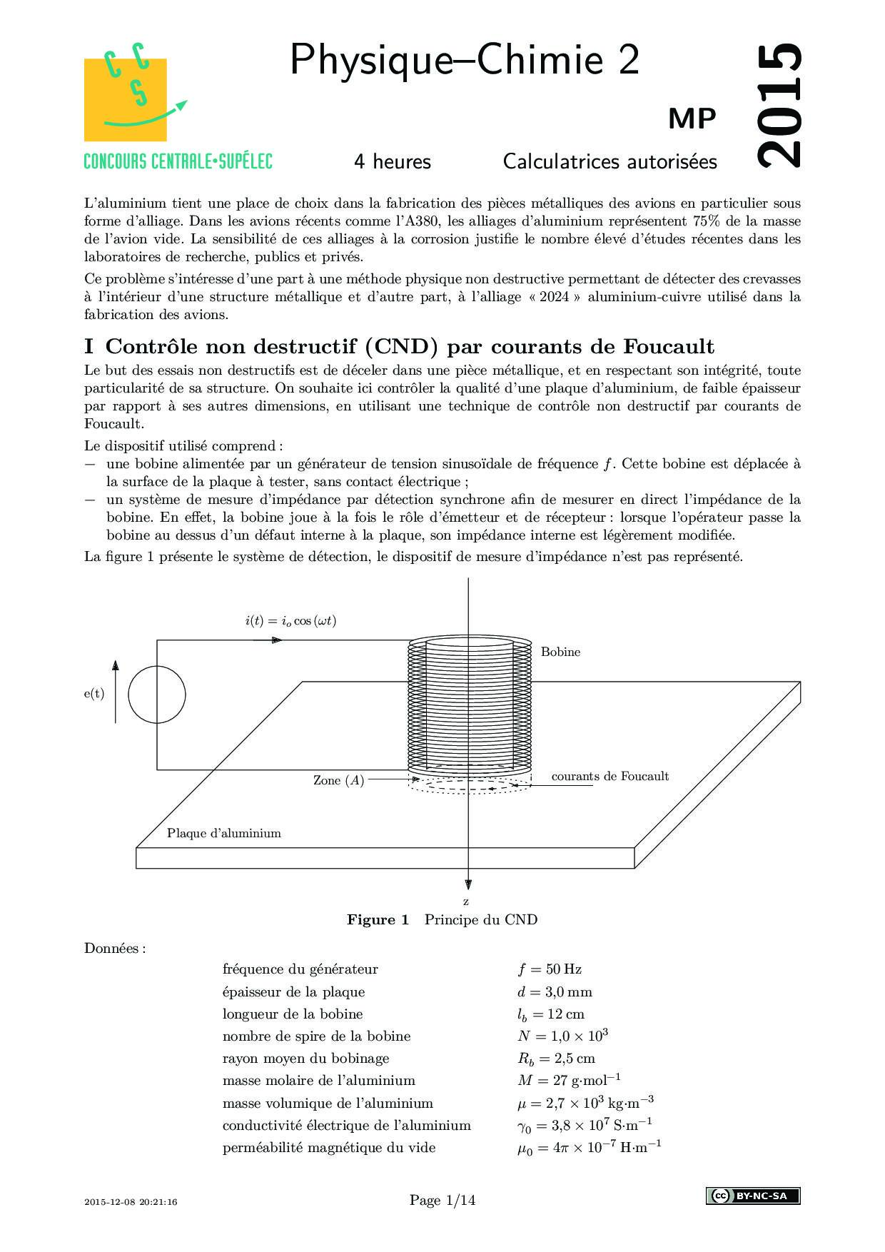 Centrale-Supelec MP 2015 Physique-Chimie 2 Epreuve - AlloSchool