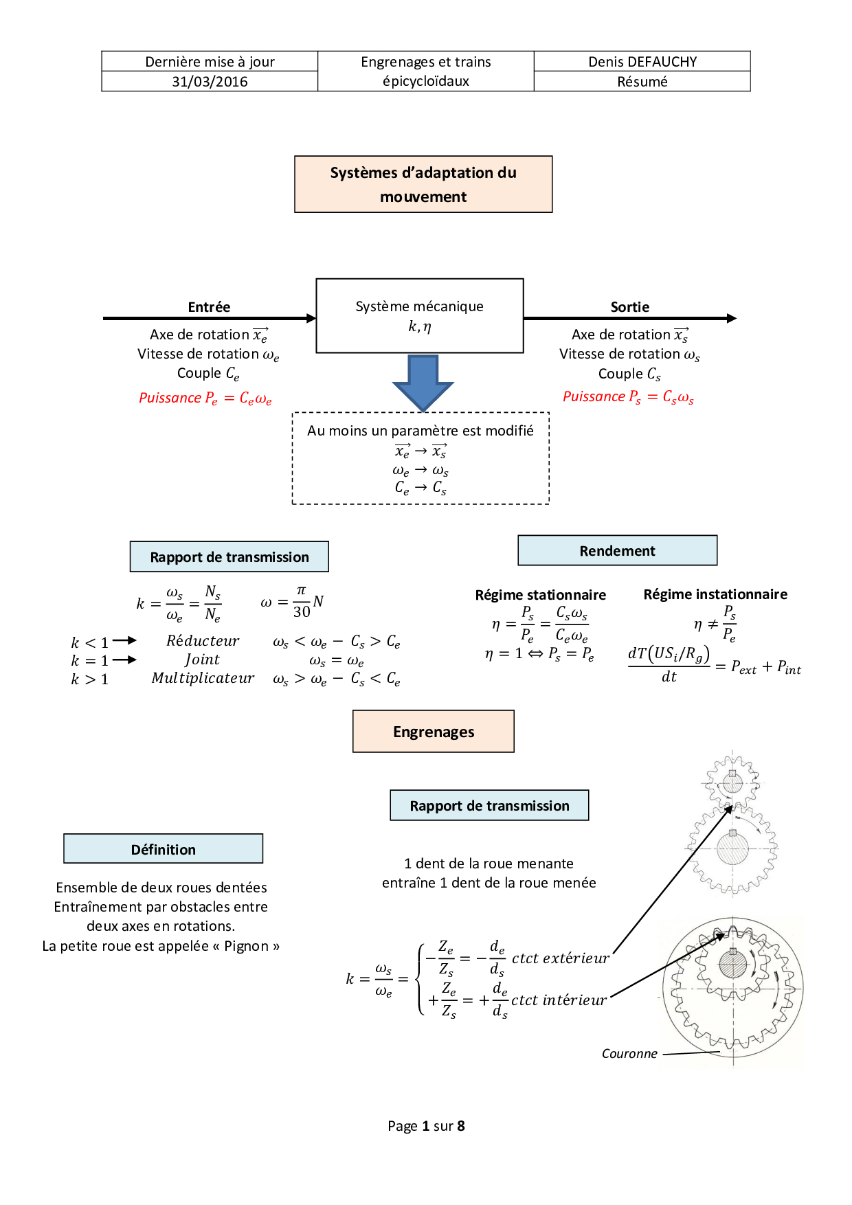 Fiche : Engrenages - Trains épicycloïdaux - AlloSchool
