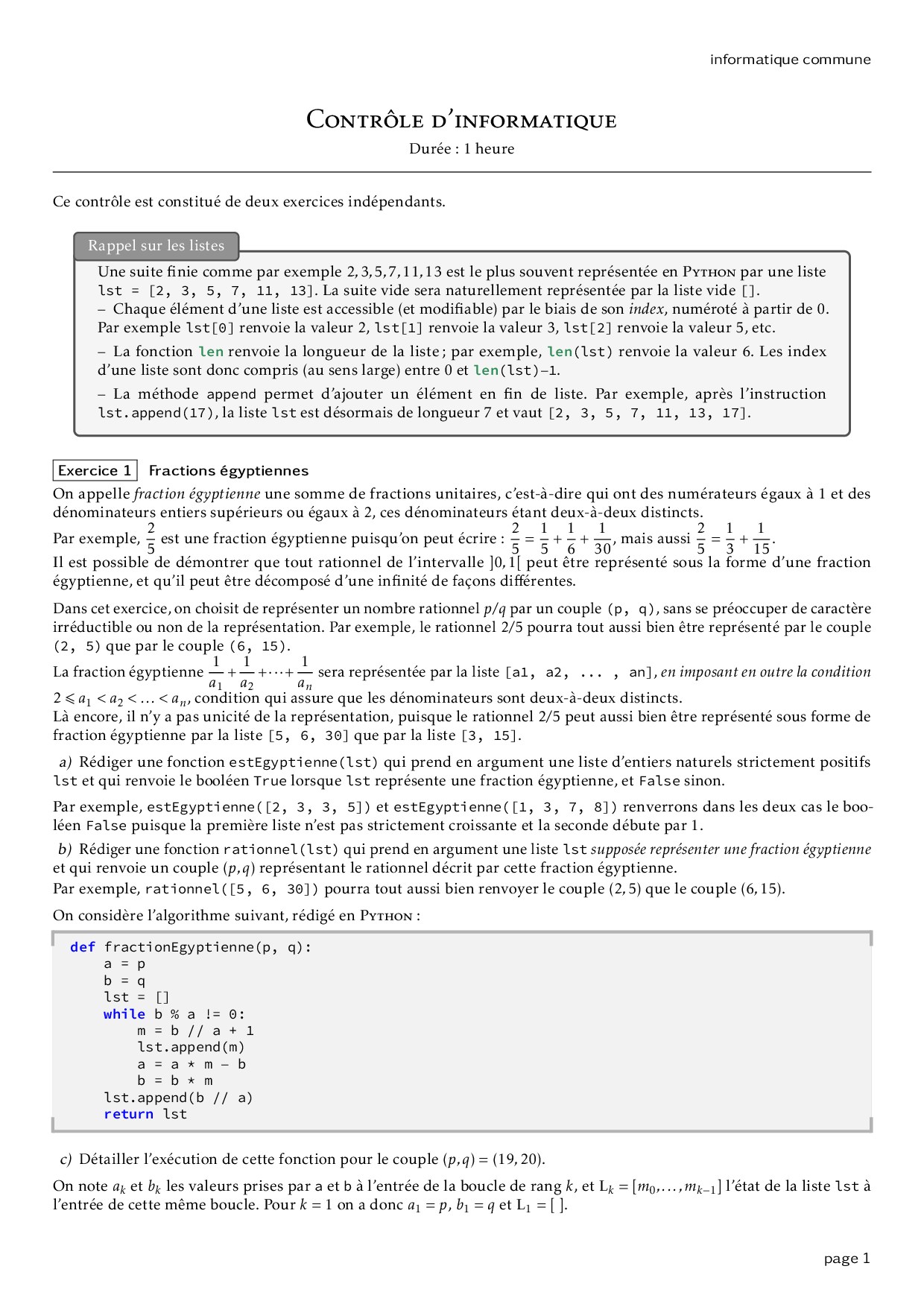 Devoir 1 : Algorithmique : Épreuve - AlloSchool