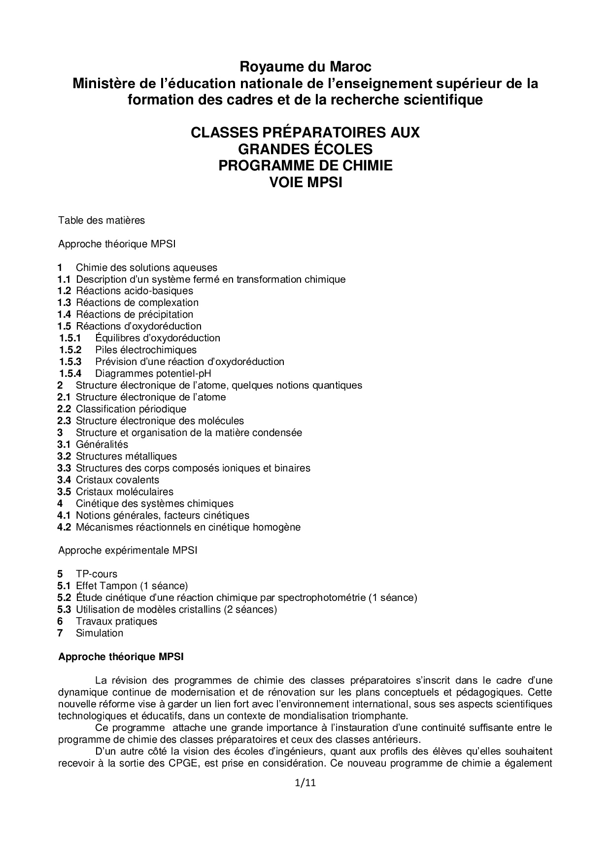Programme Pédagogique Marocain (Chimie MPSI) - AlloSchool