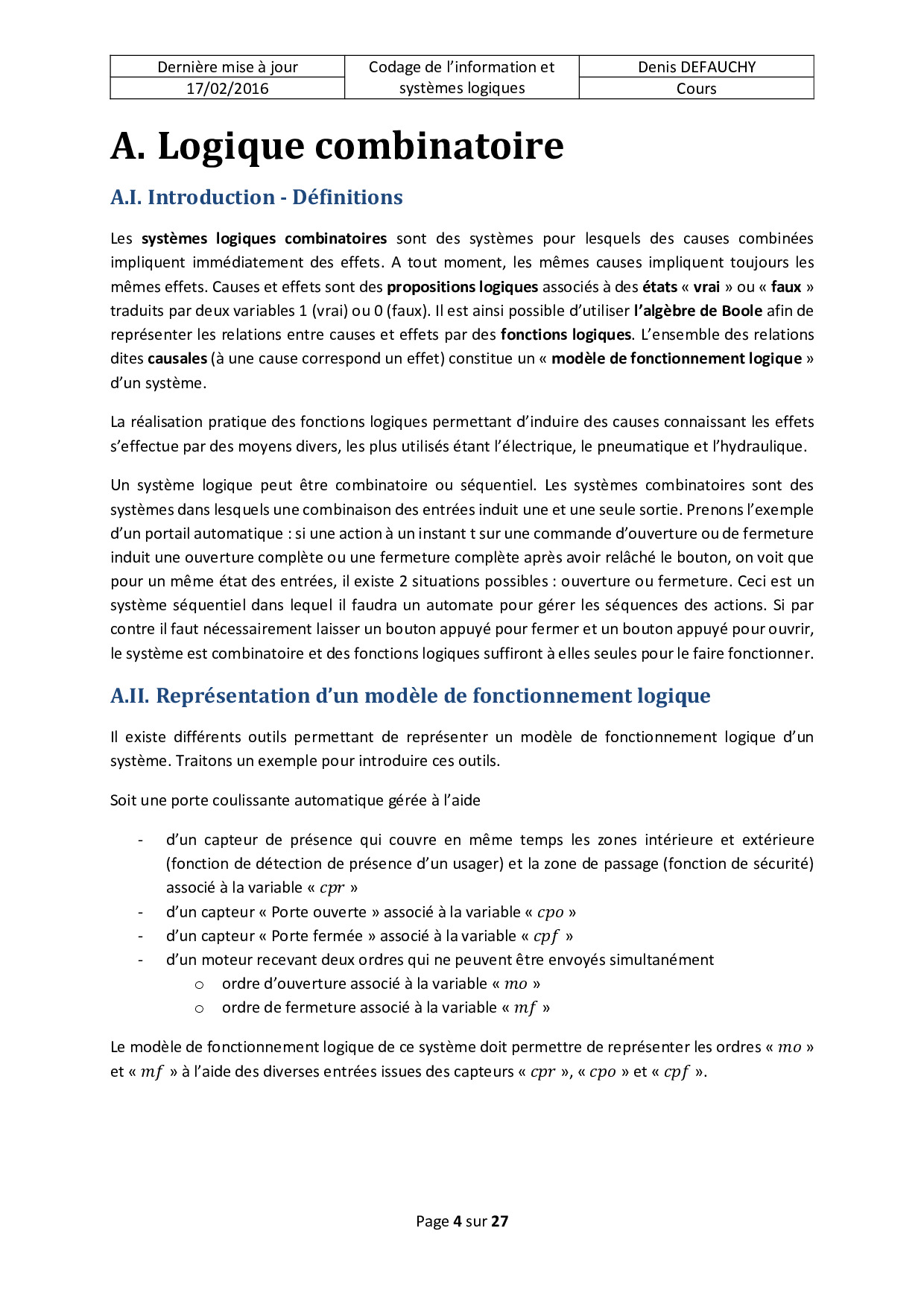 Cours complet : Logique combinatoire (Codage de l’information et ...
