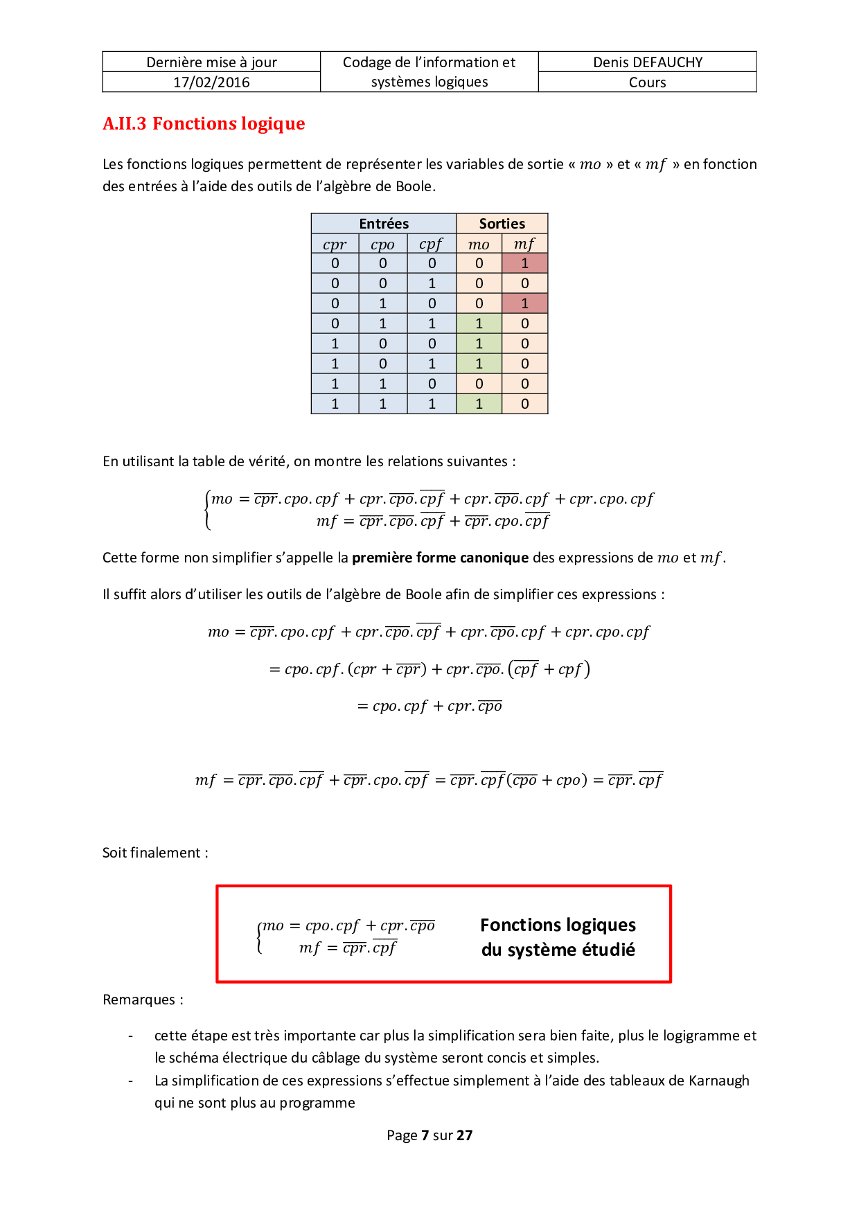 Cours complet : Logique combinatoire (Codage de l’information et ...
