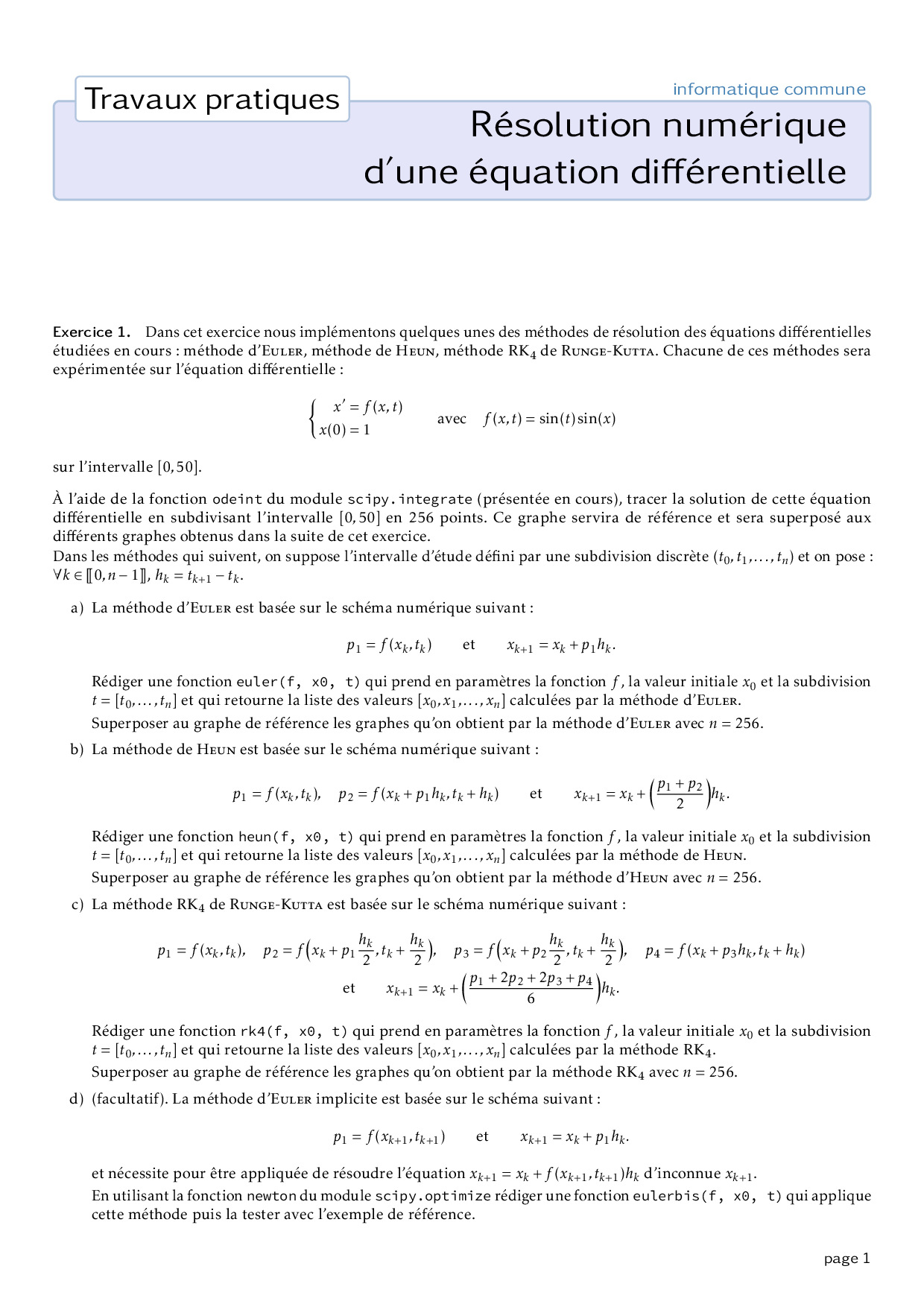 Série 11 - Résolution numérique d'une équation différentielle (Méthode d'Euler) : Exercices ...
