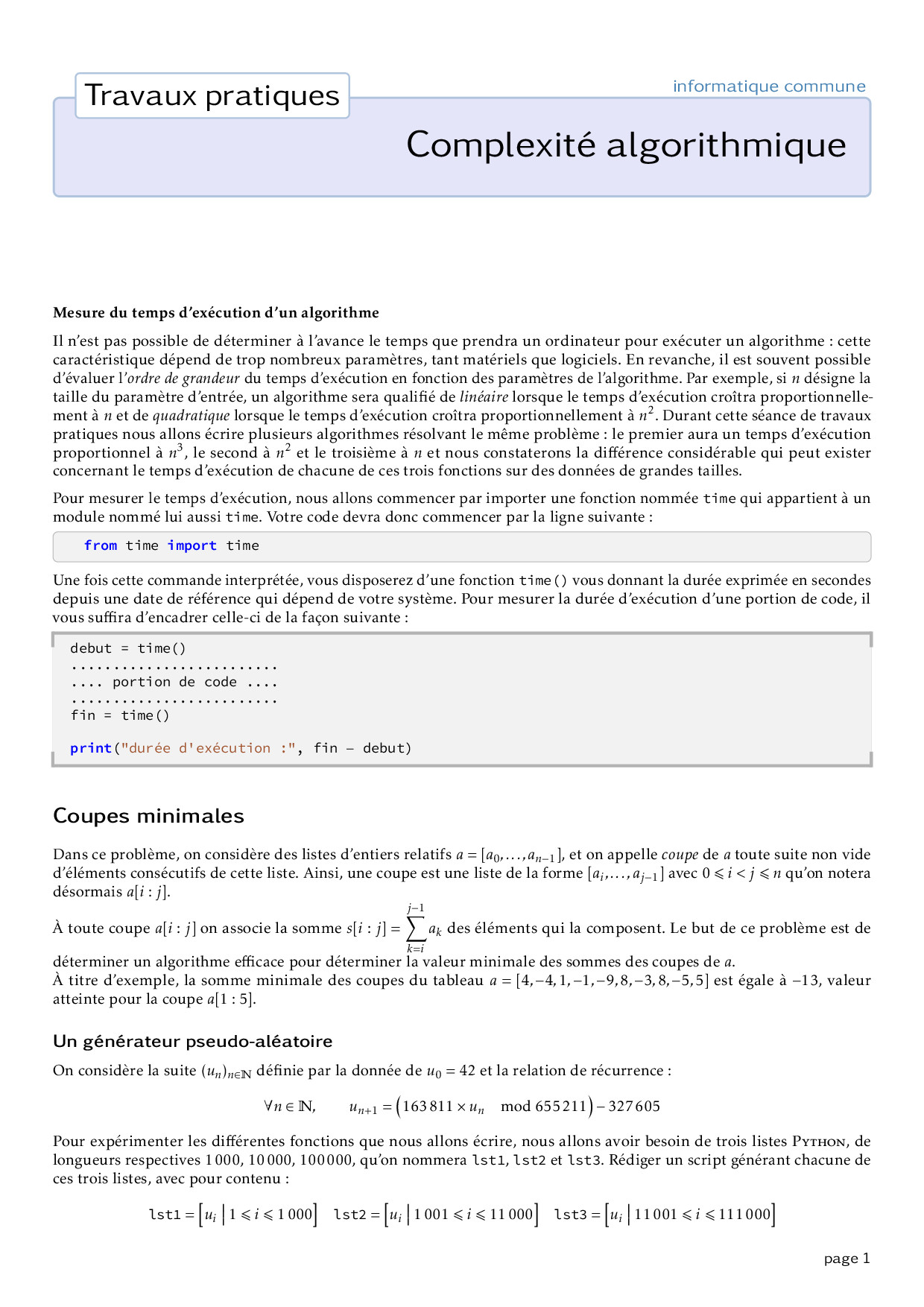Série 6 - Étude pratique de la complexité algorithmique : Exercices ...