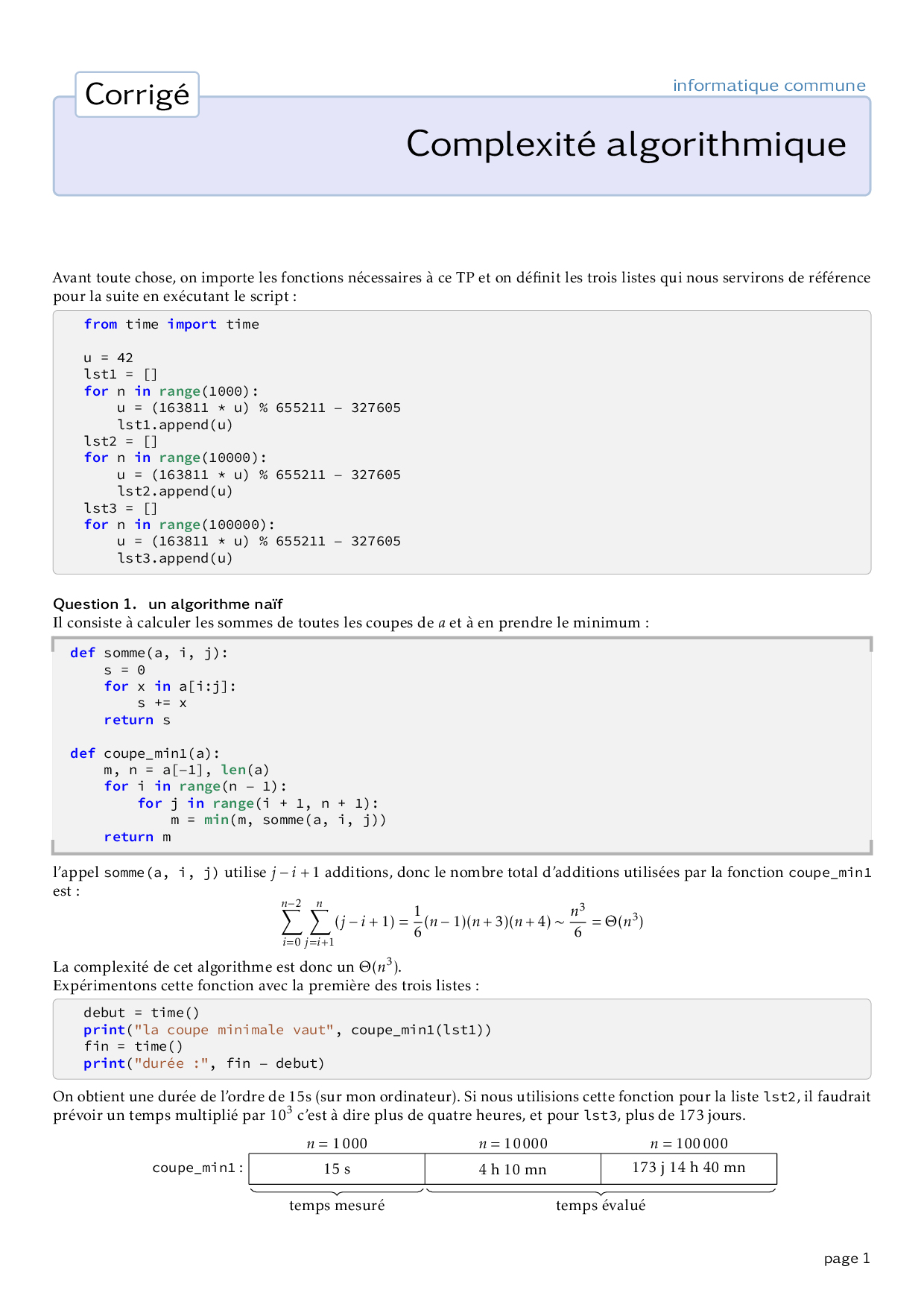 Série 6 - Étude pratique de la complexité algorithmique : Corrigés ...