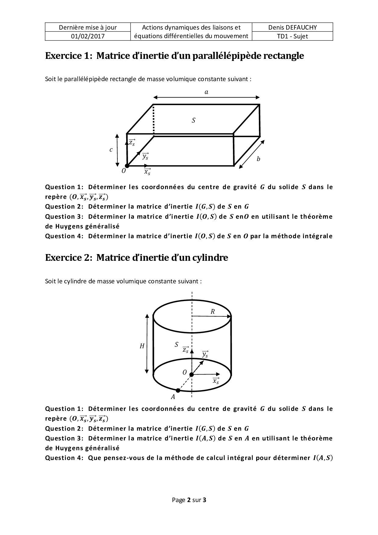 TD1 : Caractéristiques des solides (Matrices d'inertie) - AlloSchool