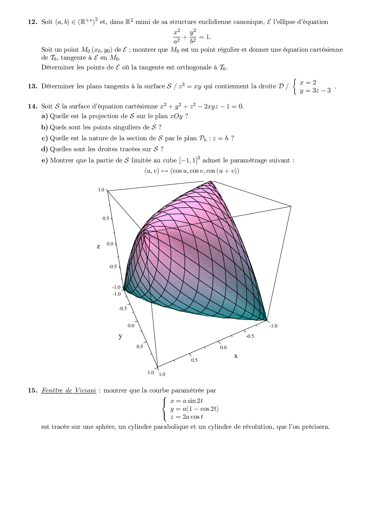Calcul différentiel, courbes et surfaces : Exercices non corrigés - AlloSchool