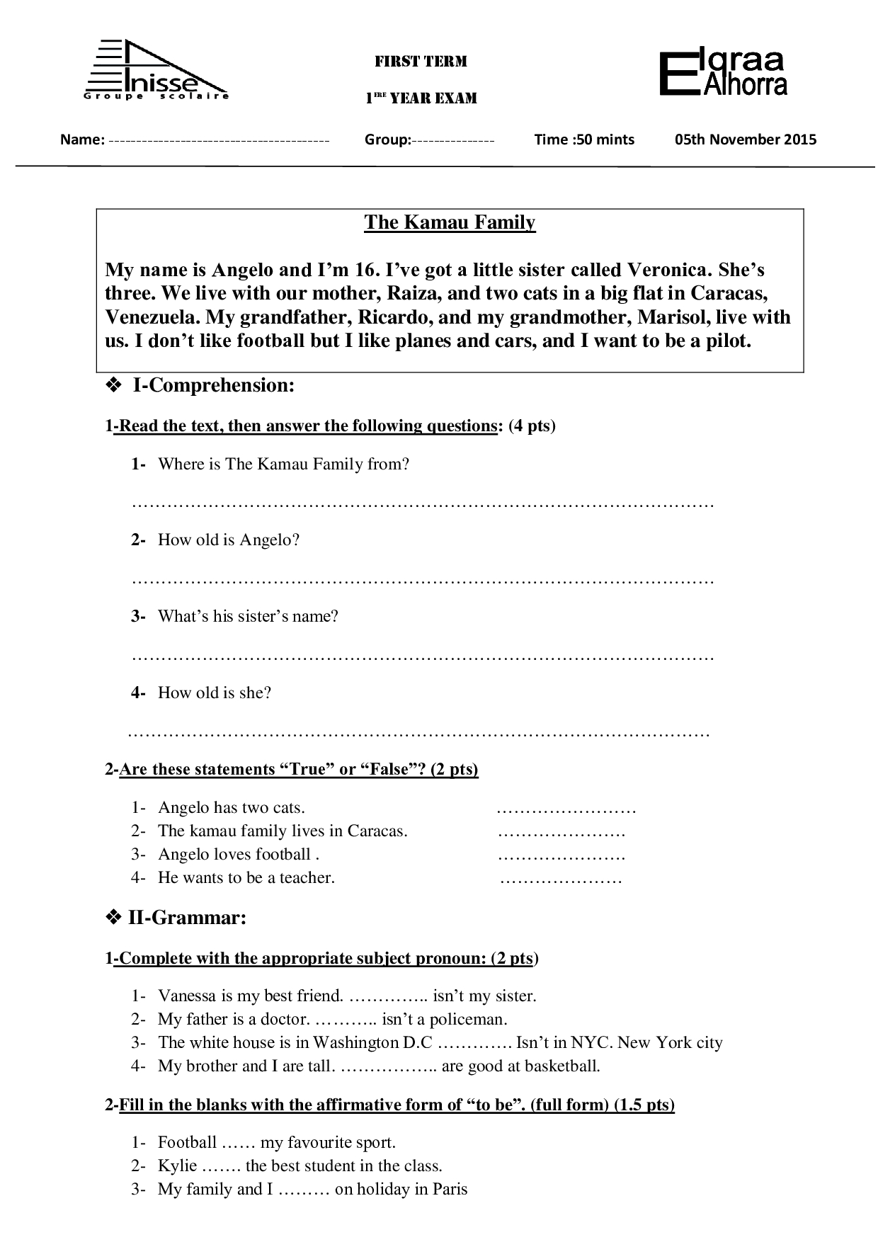 Test 1 Model 5 - English 1AC First term - AlloSchool