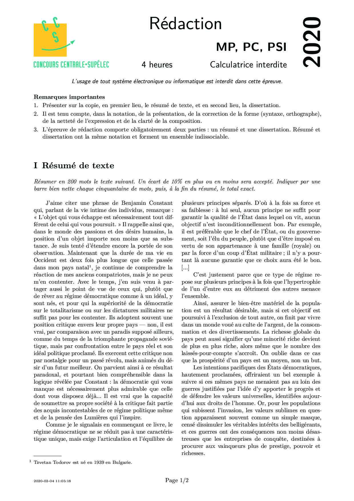 Centrale-Supelec Français 2020 - AlloSchool