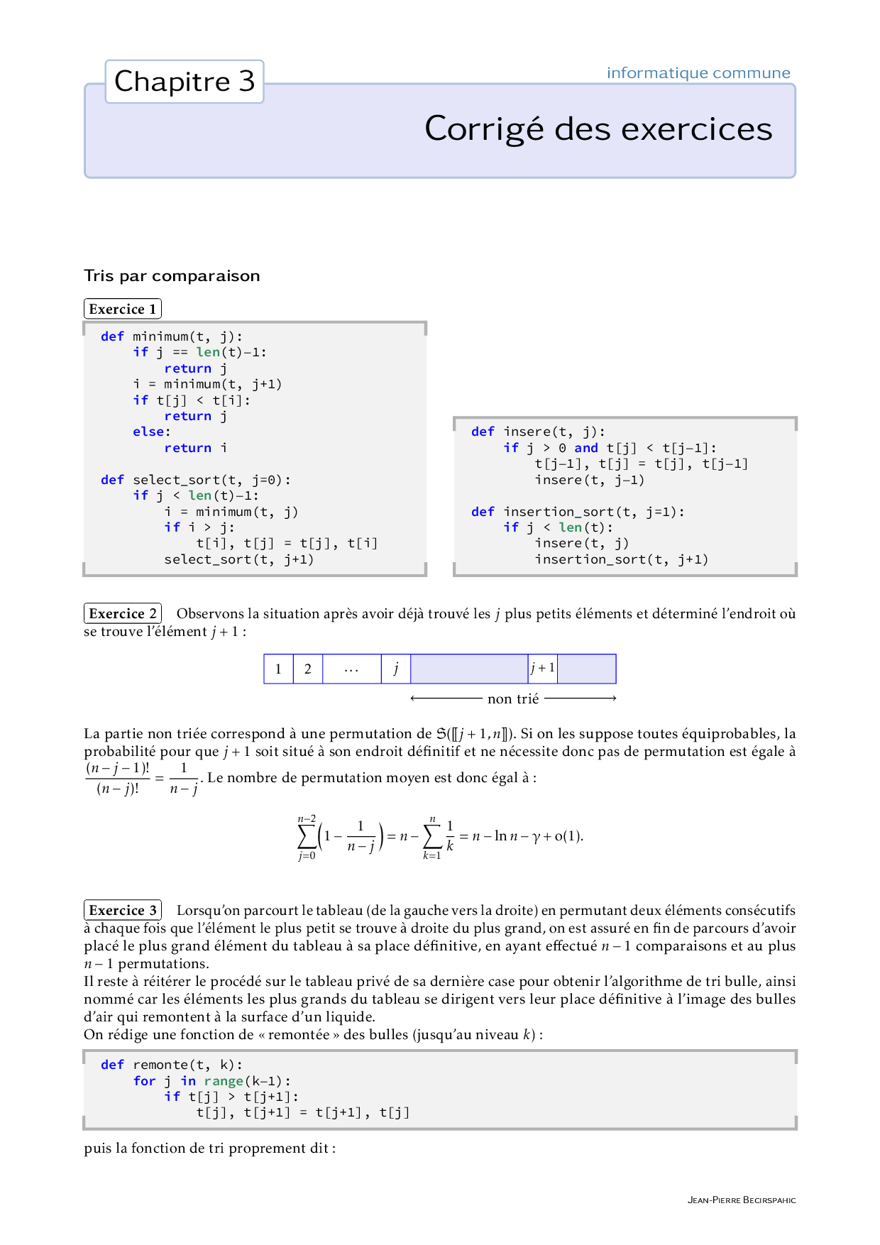 Algorithmes de tri - Corrigé des exercices - AlloSchool