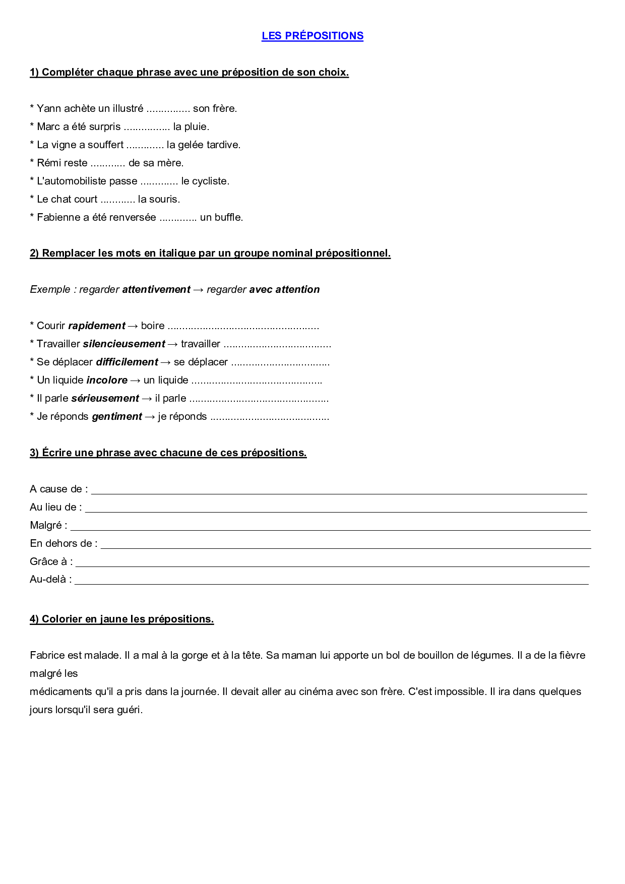 Exercices Sur Les Prepositions Exercices Sur Les Prepositions