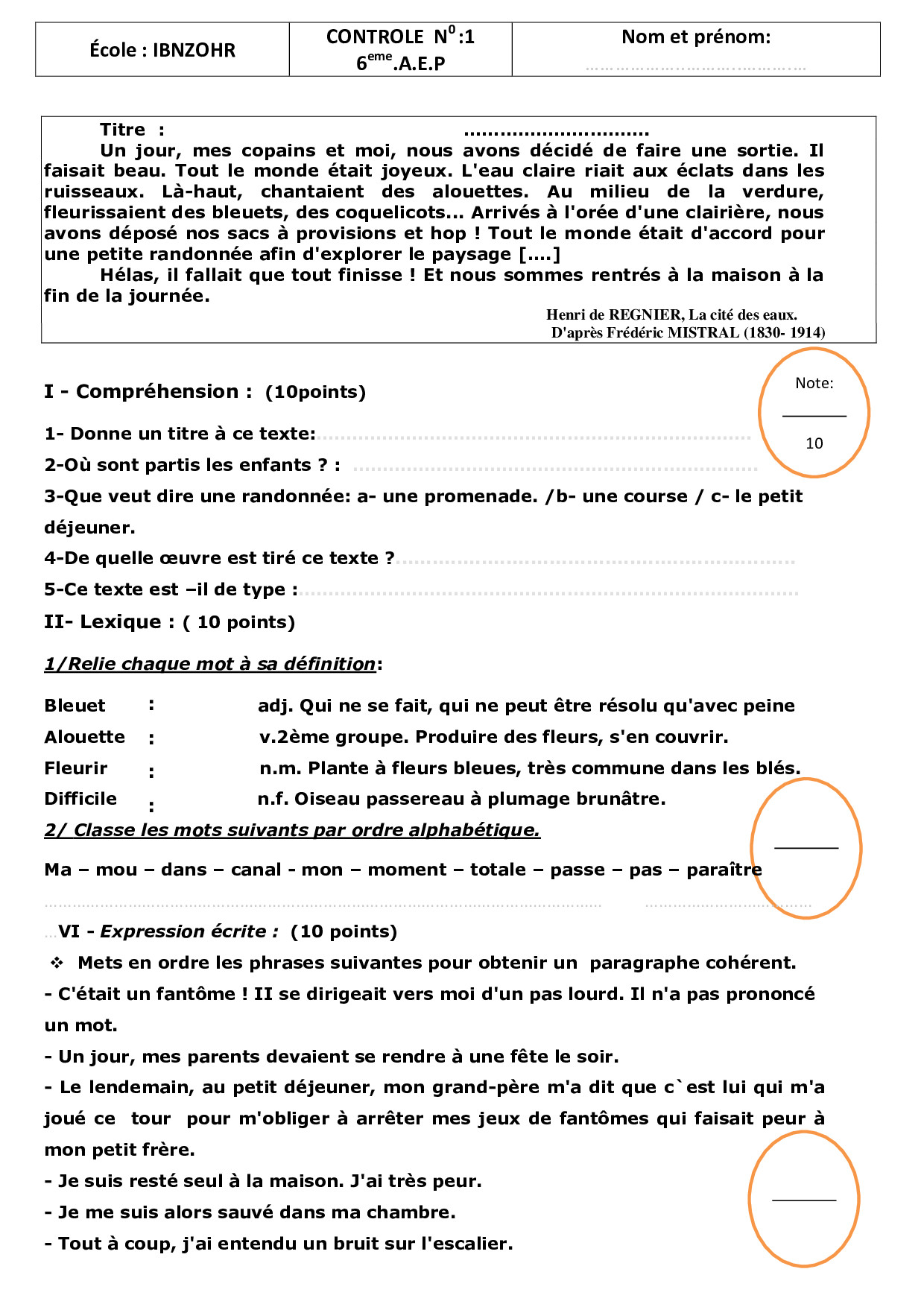 Devoir 1 Mod le 1 Fran ais 6 me Primaire Semestre 1 AlloSchool