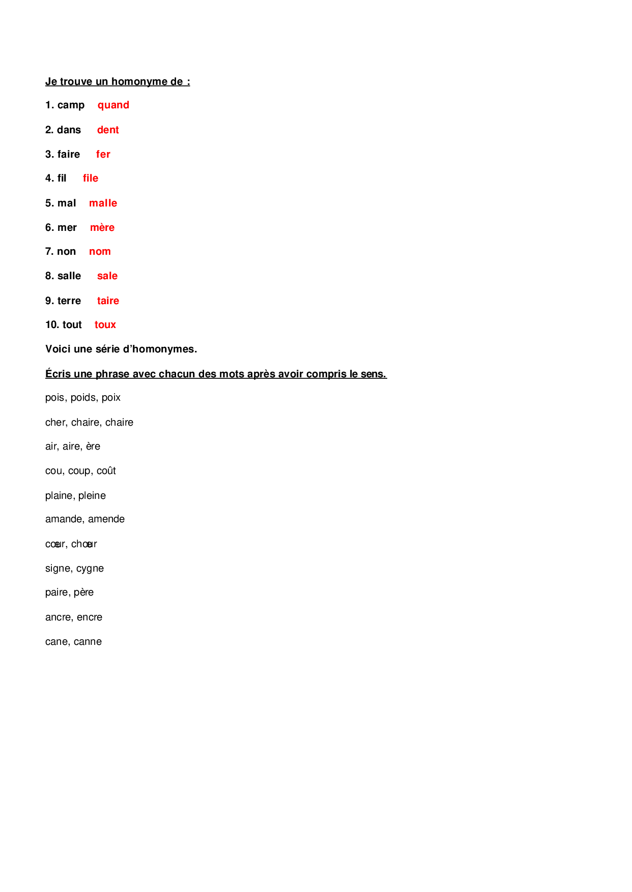 Les homonymes - exercices - AlloSchool