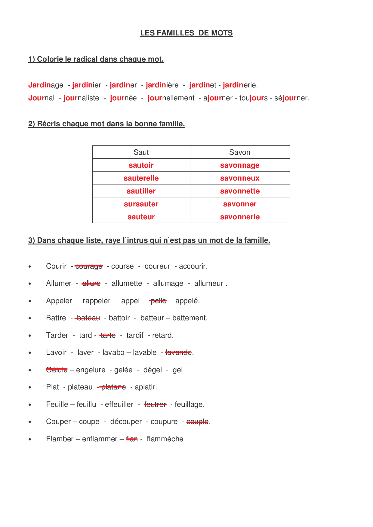 Les familles de mots - exercices 4 - AlloSchool