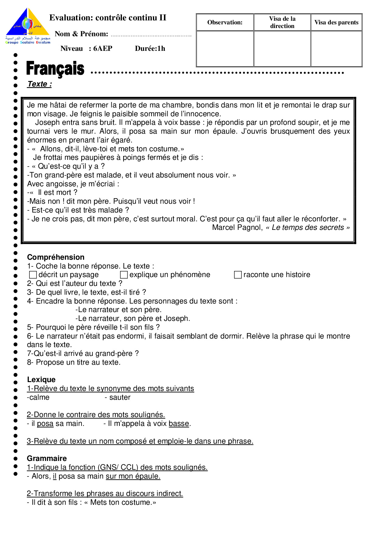 Devoir 2 Modèle 2 - Français 5ème Primaire Semestre 1 - AlloSchool