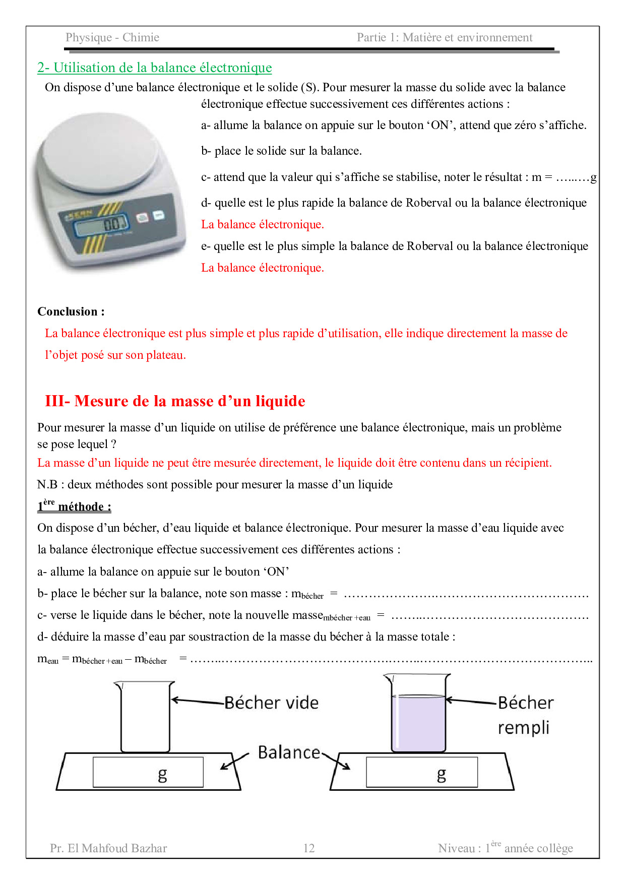 Mesure de la masse des solides et des liquides - Cours 1 - AlloSchool