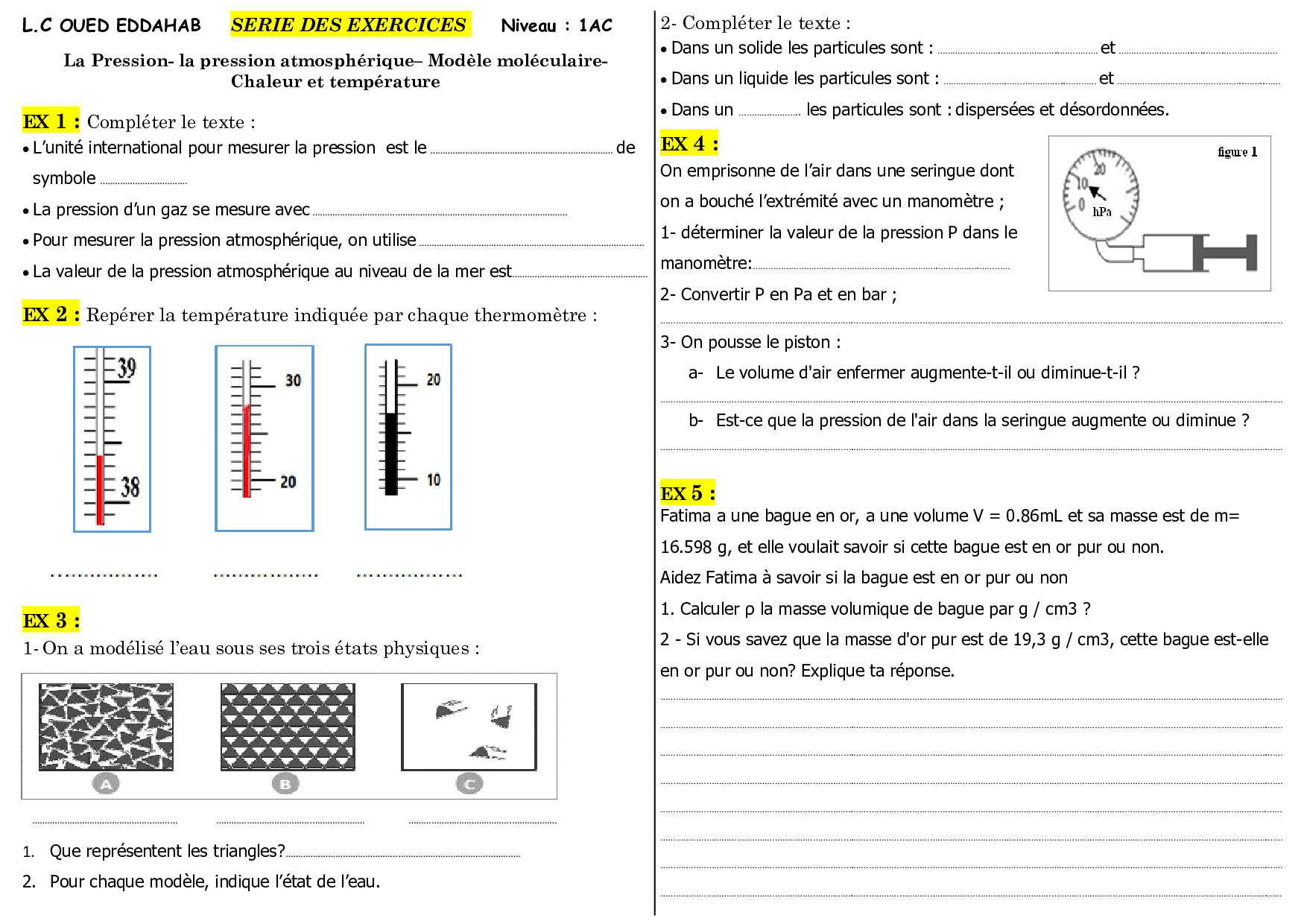 La pression et la pression atmosphérique - Série d'exercices non ...