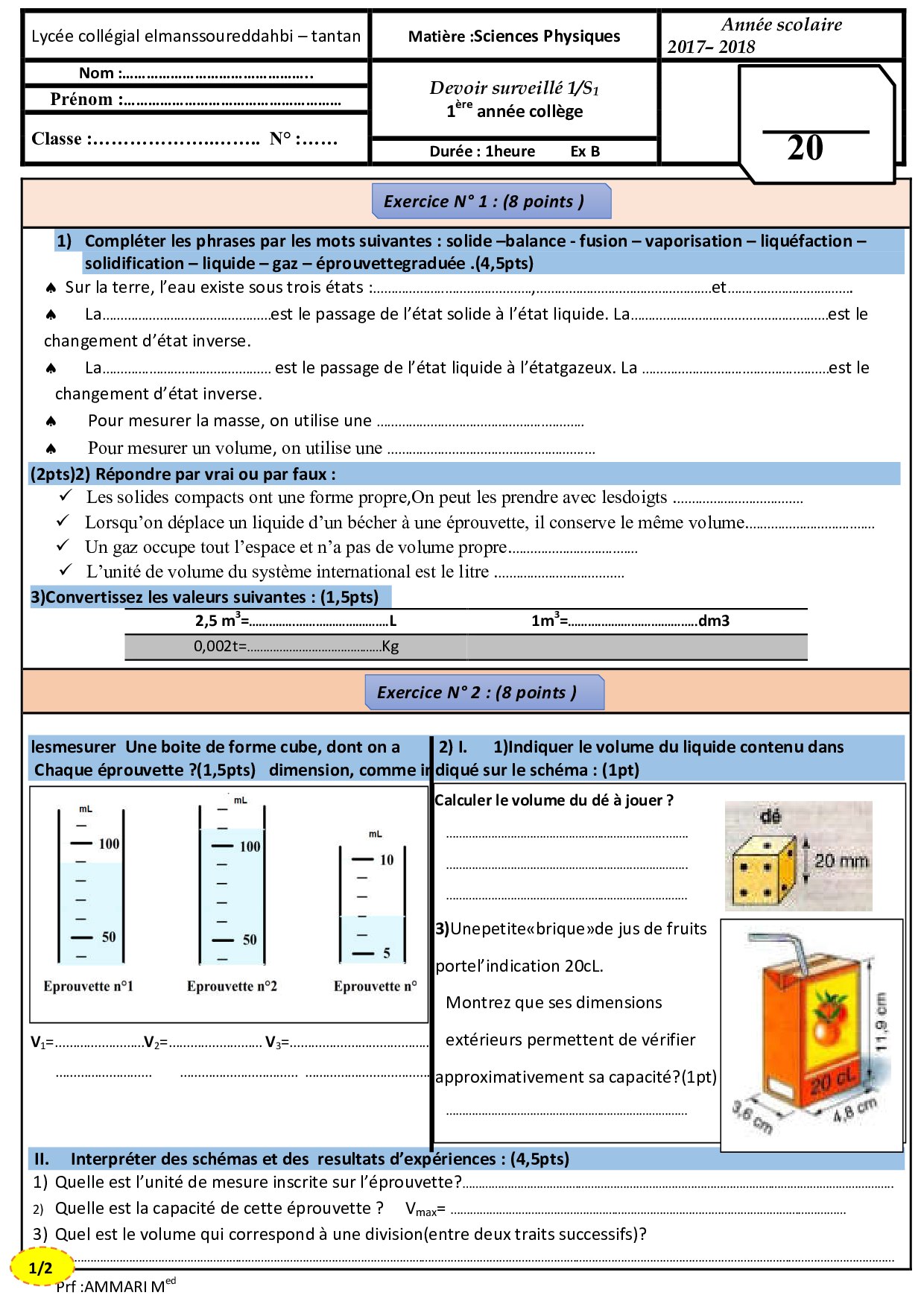 Devoir 1 Modèle 16 - Physique Chimie 1AC Semestre 1 - AlloSchool
