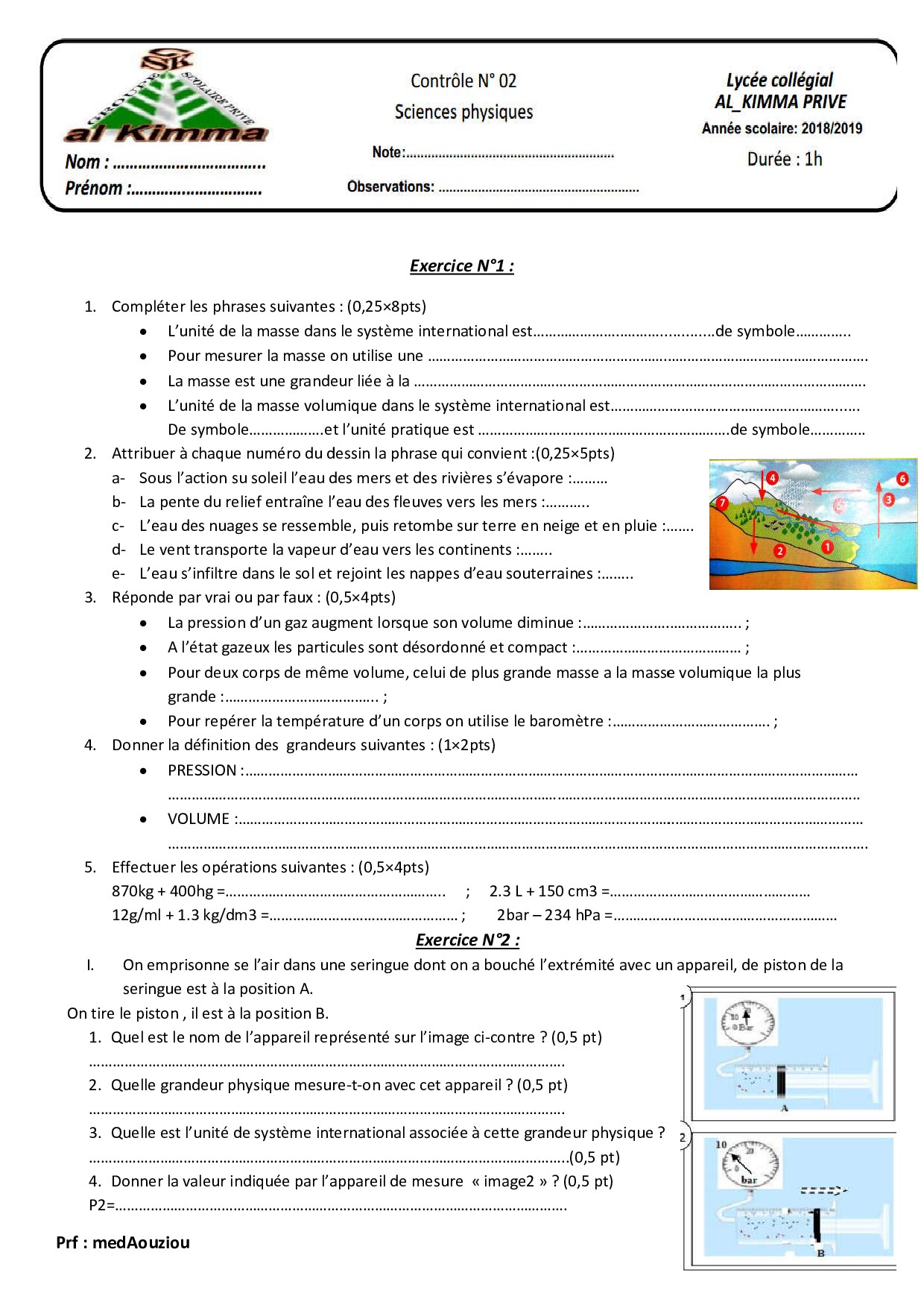 Devoir 2 Modèle 7 - Physique Chimie 1AC Semestre 1 - AlloSchool