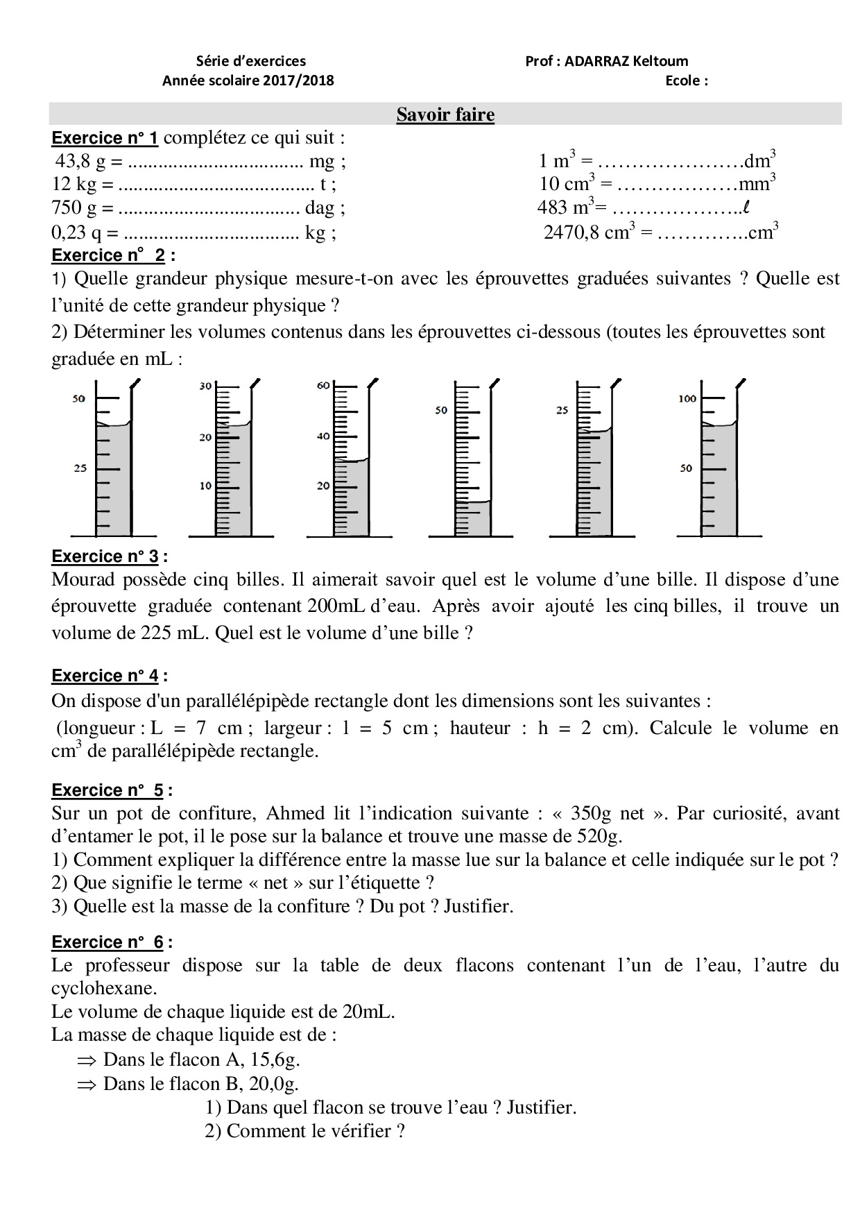 Mesure du volume des liquides et des solides - Série d'exercices non ...