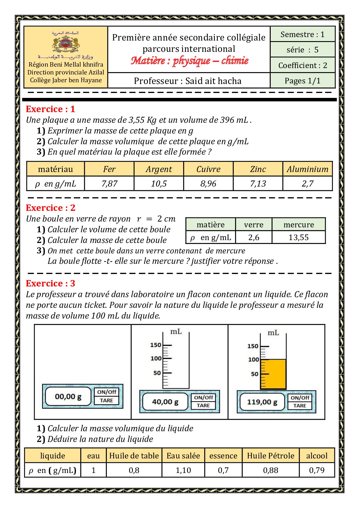 Exercices Sur La Masse Volumique Exercices Sur La Masse Volumique