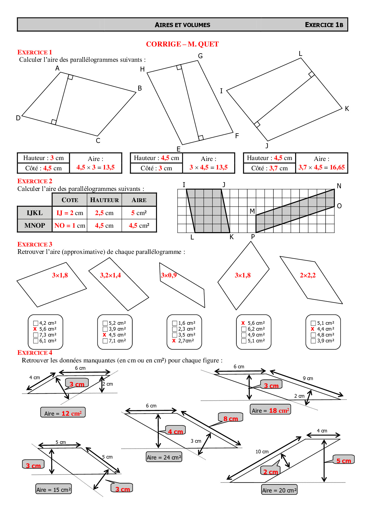 Aire d'un parallélogramme (calculs) - Corrigés d'exercices - AlloSchool