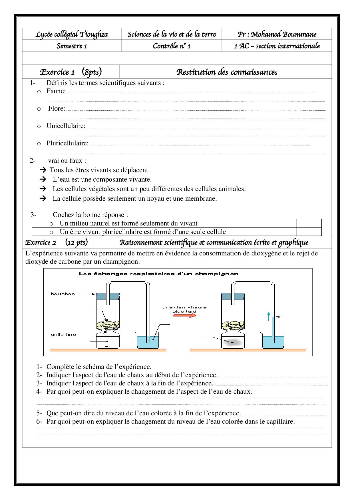 Devoir 1 Modèle 3 - SVT 1AC Semestre 1 - AlloSchool