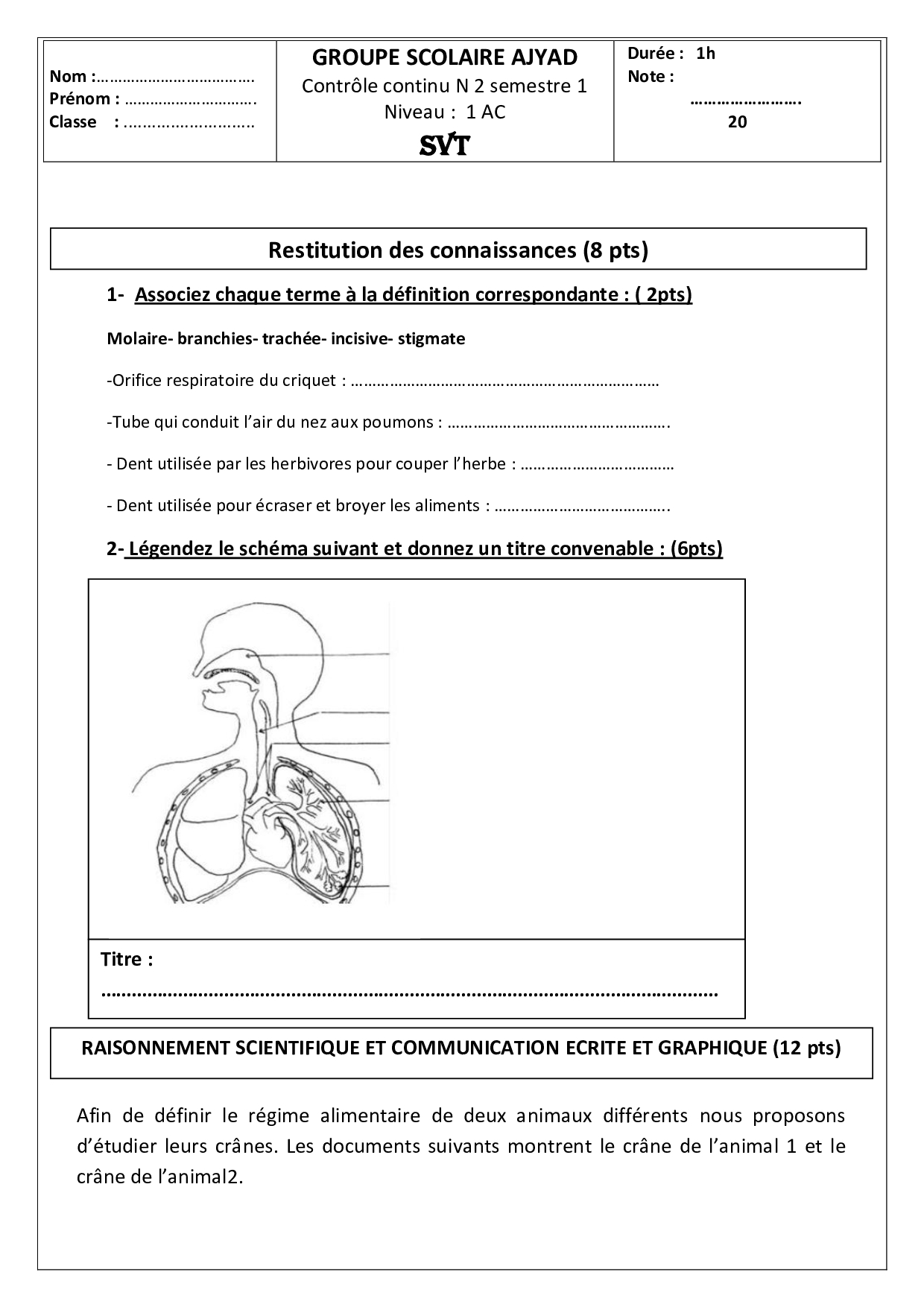 Devoir 2 Modèle 6 - SVT 1AC Semestre 1 - AlloSchool