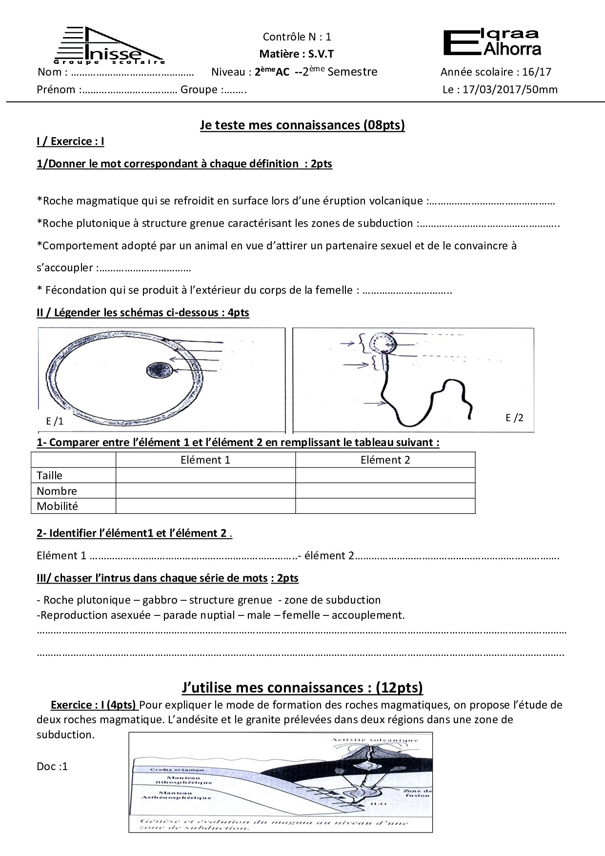 Devoir 1 Modèle 1 - SVT 2AC Semestre 2 - AlloSchool