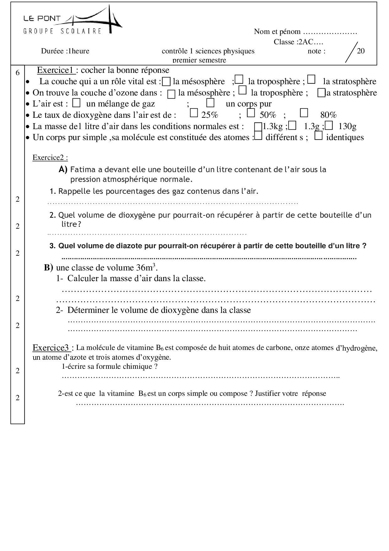 Devoir 1 Modèle 1 - Physique Chimie 2AC Semestre 1 - AlloSchool