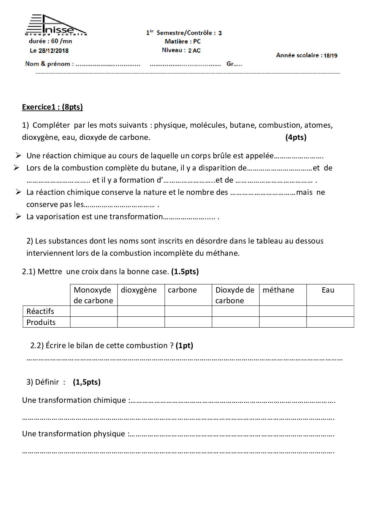 Devoir 3 Modèle 1 - Physique Chimie 2AC Semestre 1 - AlloSchool
