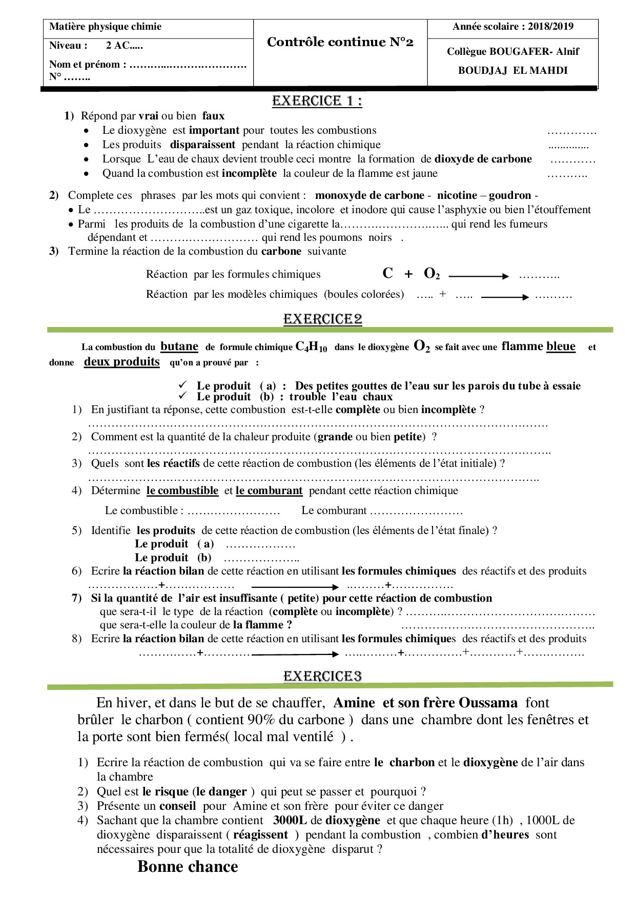 Devoir 2 Modèle 4 - Physique Chimie 2AC Semestre 1 - AlloSchool