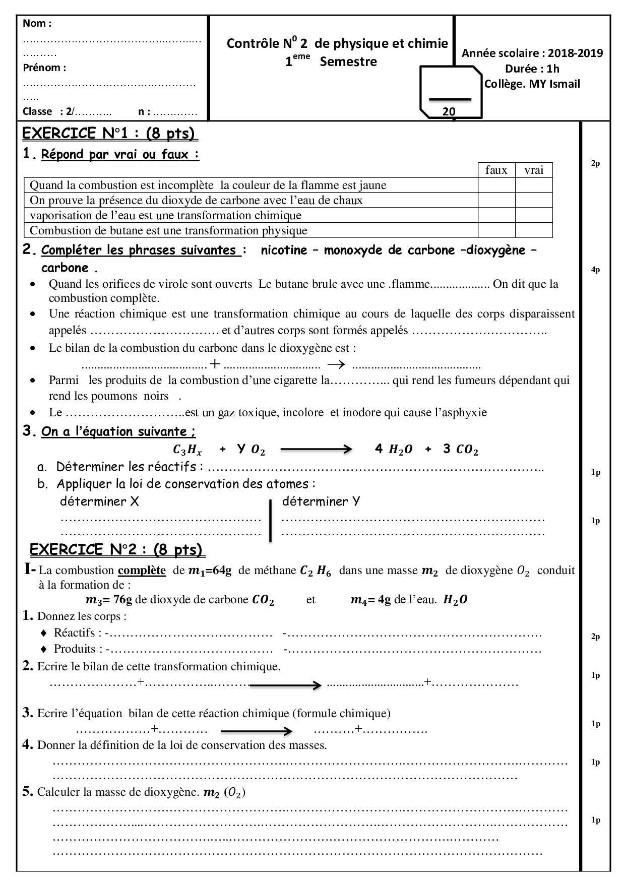 Devoir 2 Modèle 11 - Physique Chimie 2AC Semestre 1 - AlloSchool