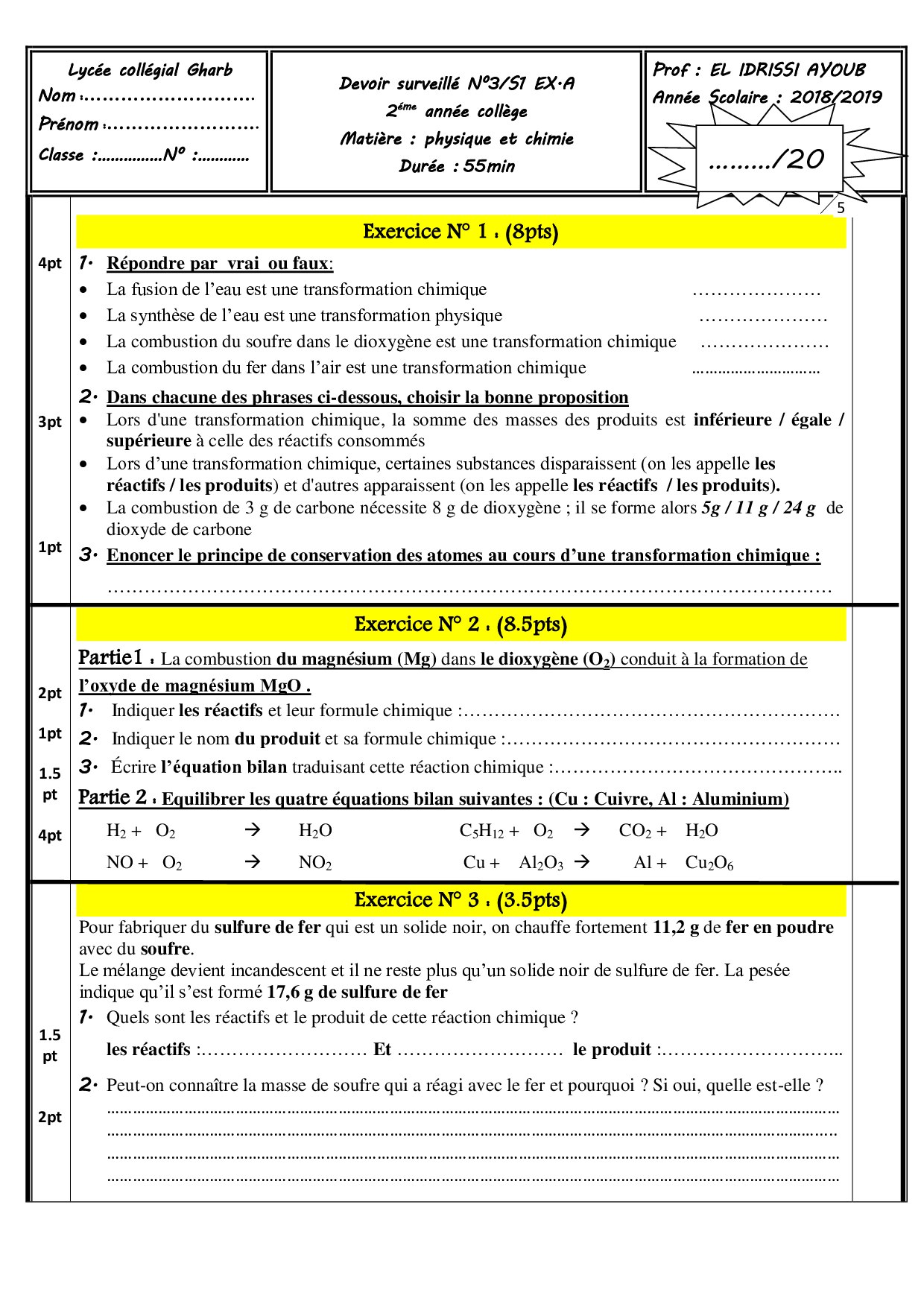 Devoir 3 Modèle 5 - Physique Chimie 2AC Semestre 1 - AlloSchool