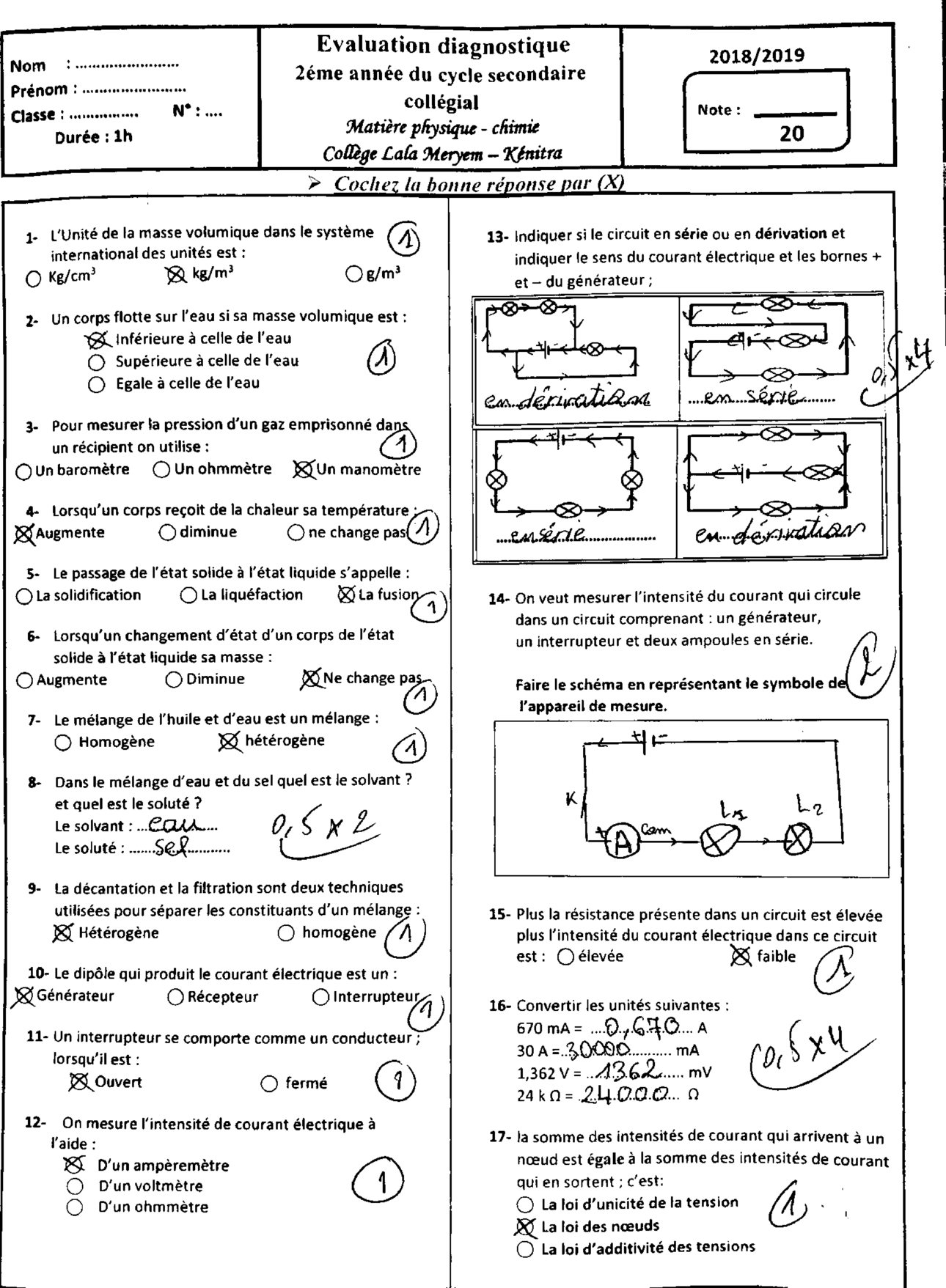 Physique-Chimie (2ème Année Collège) - Corrigé de l'évaluation ...