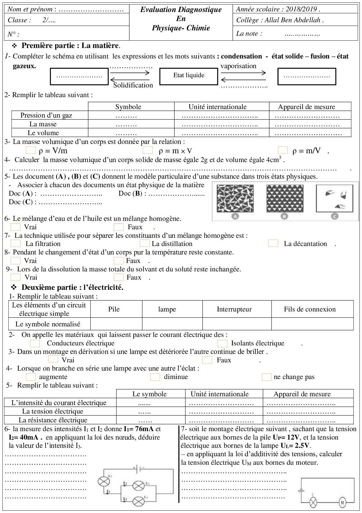 Physique-Chimie (2ème Année Collège) - Évaluation diagnostique 2 ...