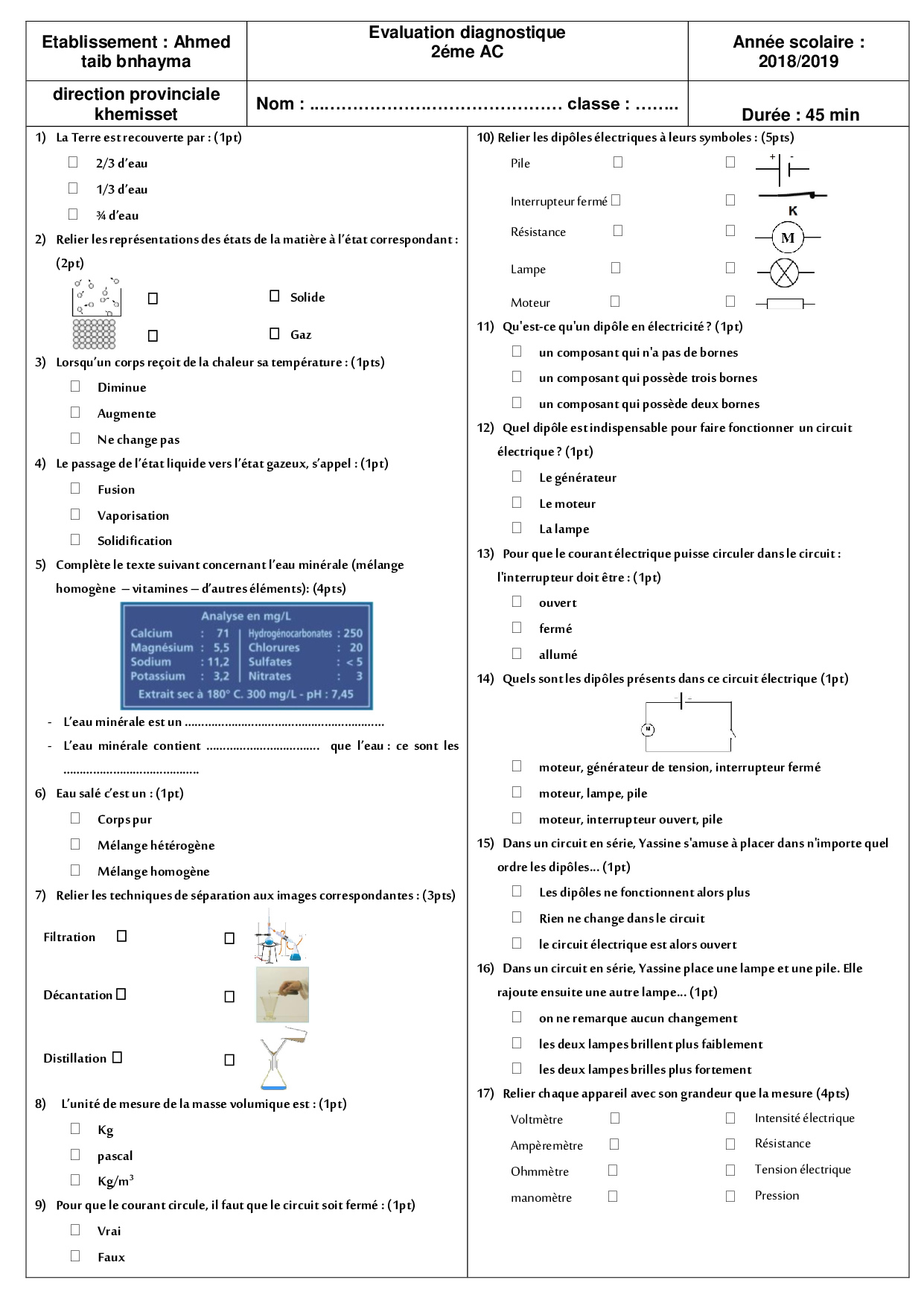 Physique-Chimie (2ème Année Collège) - Évaluation diagnostique 6 ...