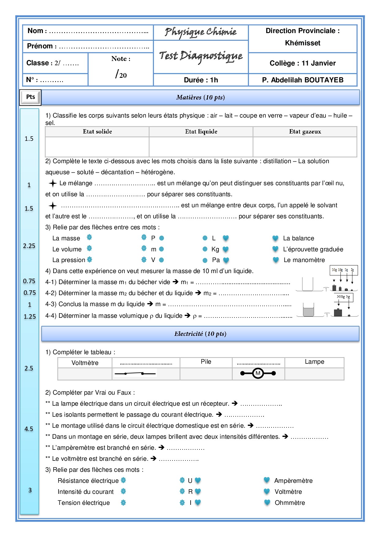 Physique-Chimie (2ème Année Collège) - Évaluation diagnostique 7 ...