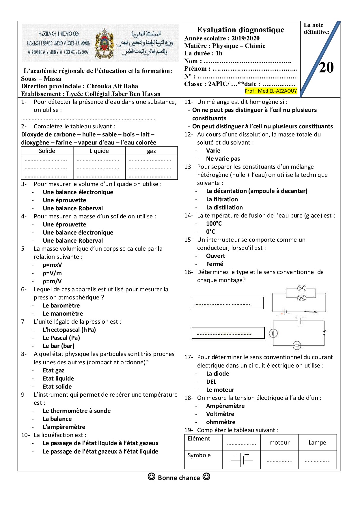 Physique-Chimie (2ème Année Collège) - Évaluation diagnostique 9 ...