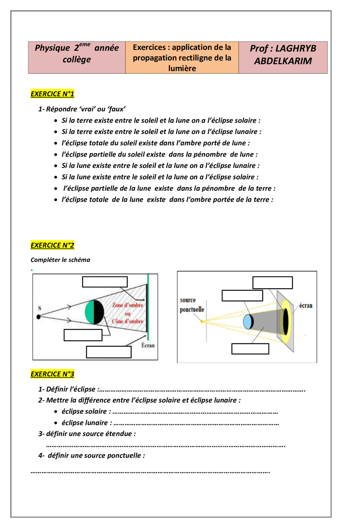Applications de la propagation rectiligne de la lumière - Exercices non ...