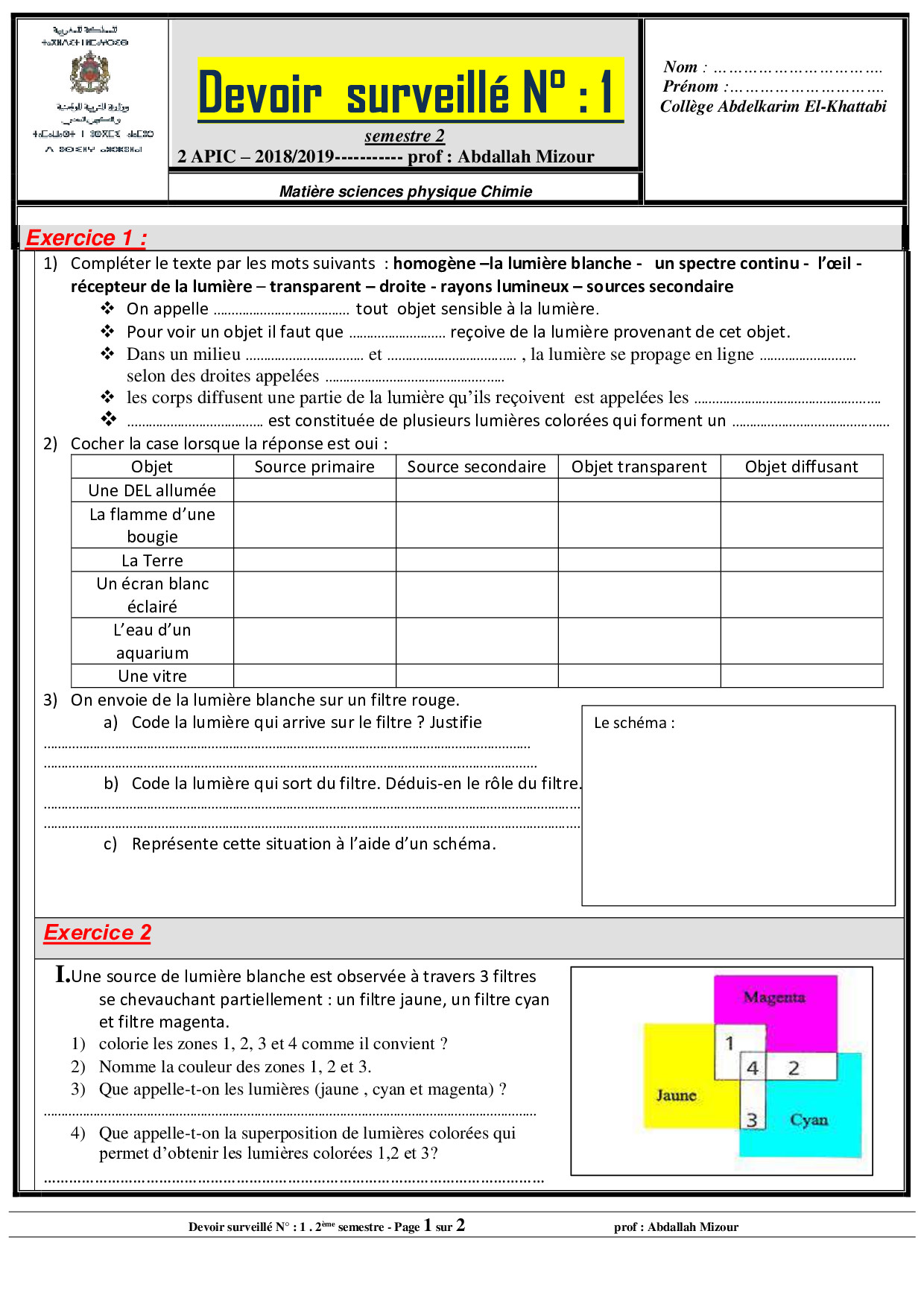 Devoir 1 Modèle 2 - Physique Chimie 2AC Semestre 2 - AlloSchool