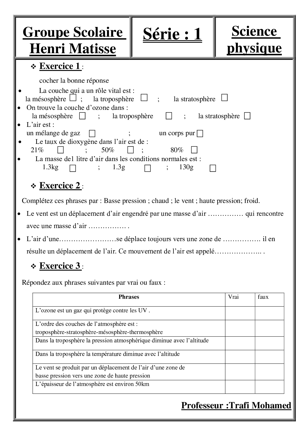 L’air qui nous entoure - Exercices non corrigés 6 - AlloSchool