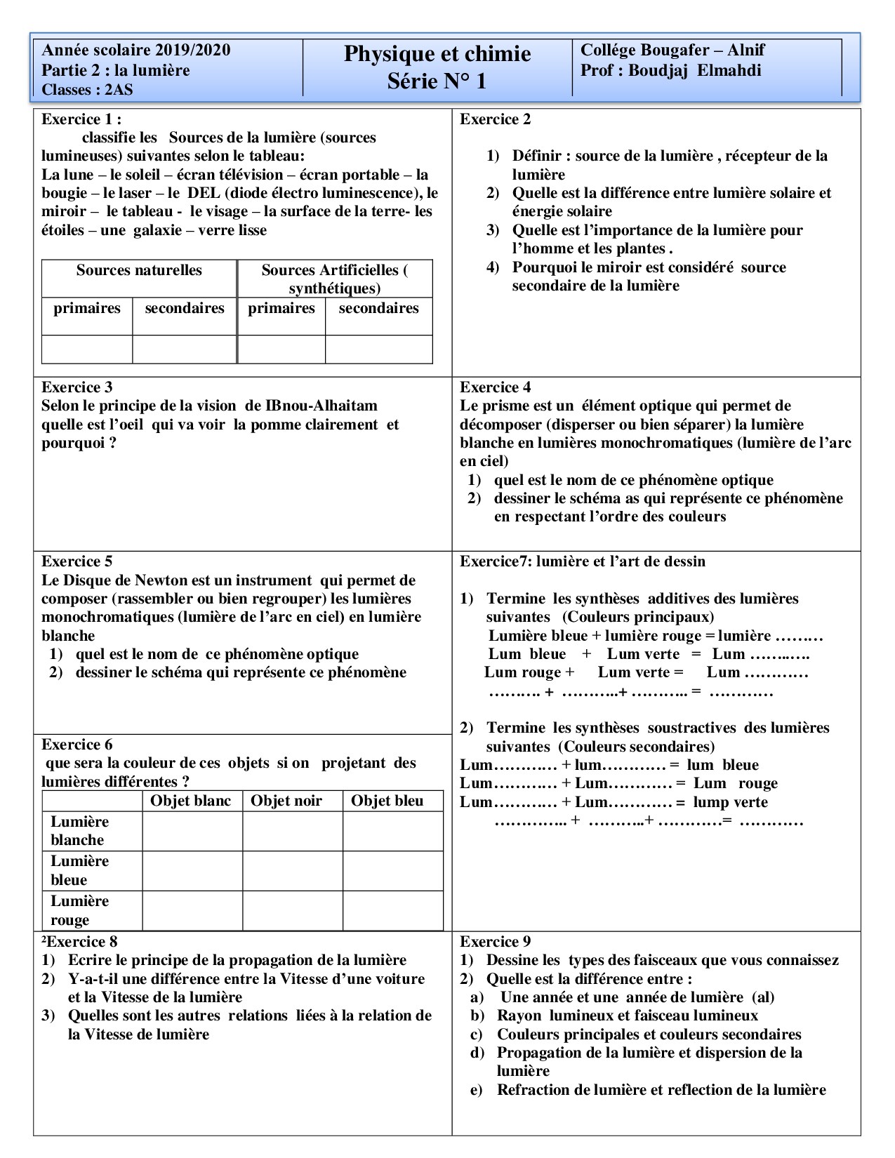 Lumière et couleurs - Dispersion de la lumière - Exercices non corrigés ...