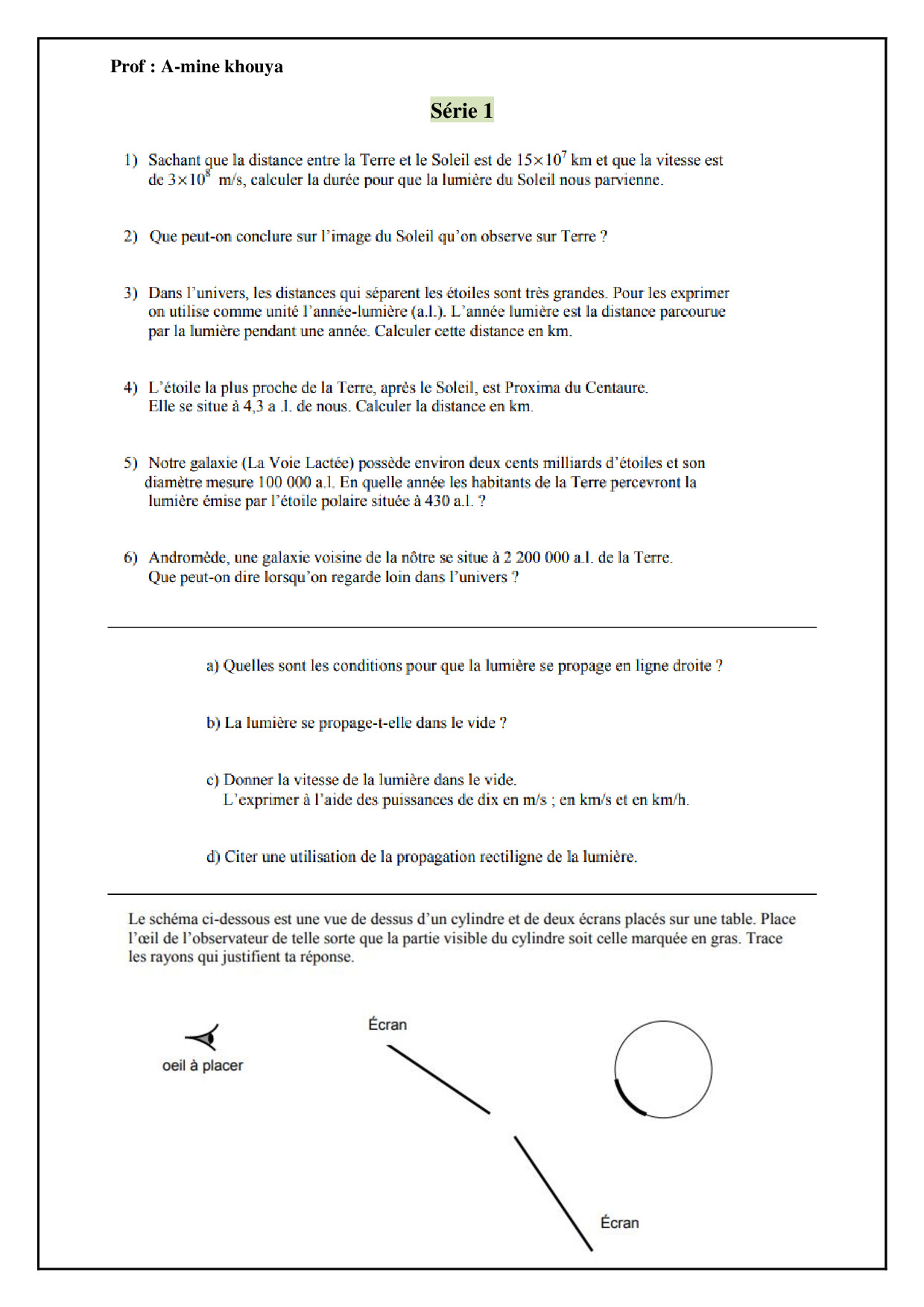 La propagation de la lumière - Exercices non corrigés 9 - AlloSchool