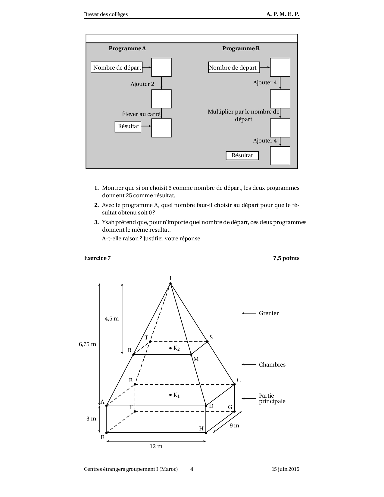 Brevet Maths Maroc juin 2015 - Sujet - AlloSchool