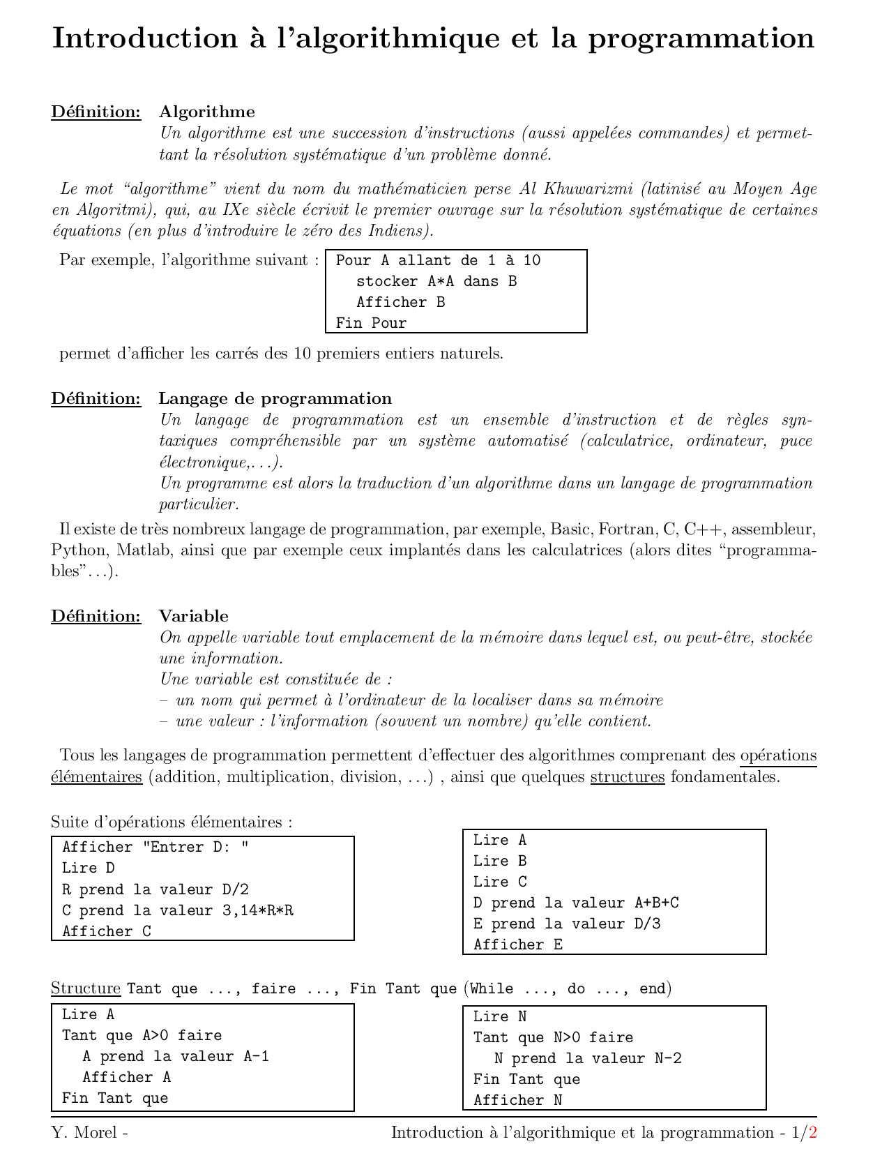 Introduction à l'algorithmique et la programmation - AlloSchool