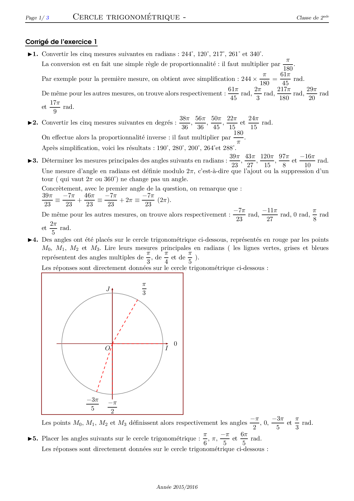 Cercles trigonométriques - Corrigé série d'exercices 1 - AlloSchool