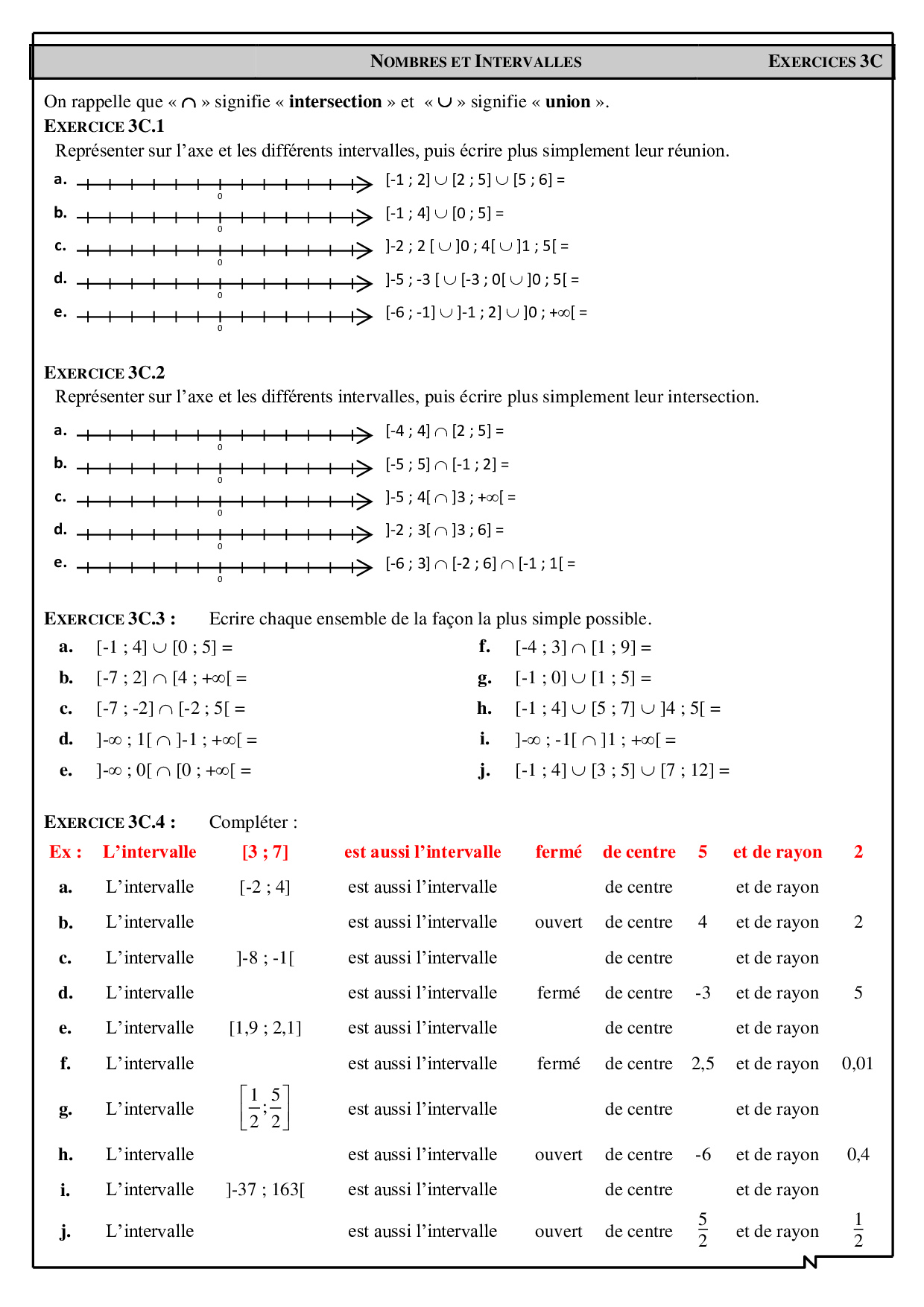Intervalles et inégalités (avec unions et intersections) - Exercices ...