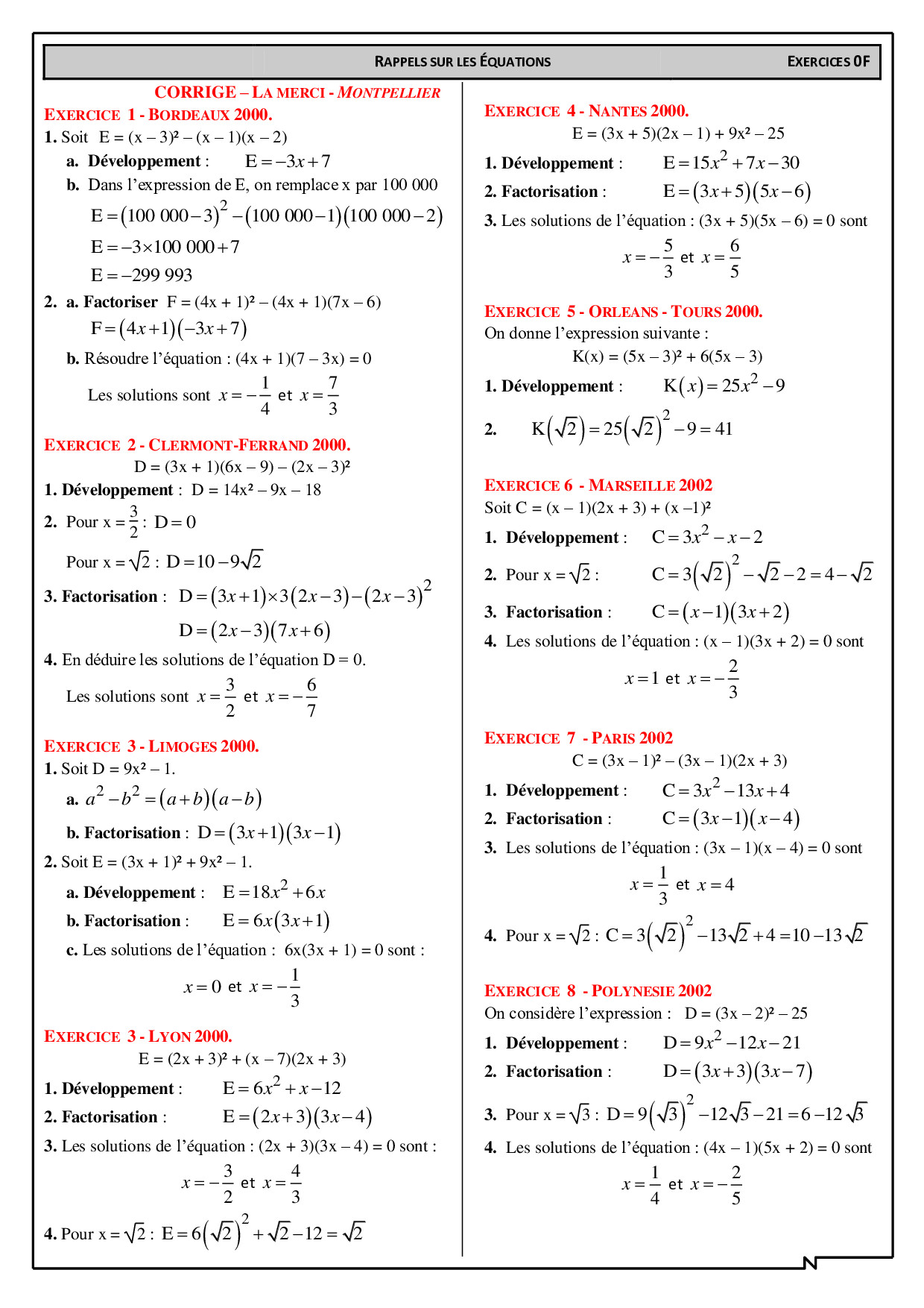 Equations avec racines carrées et subtilités - Corrigés d'exercices ...