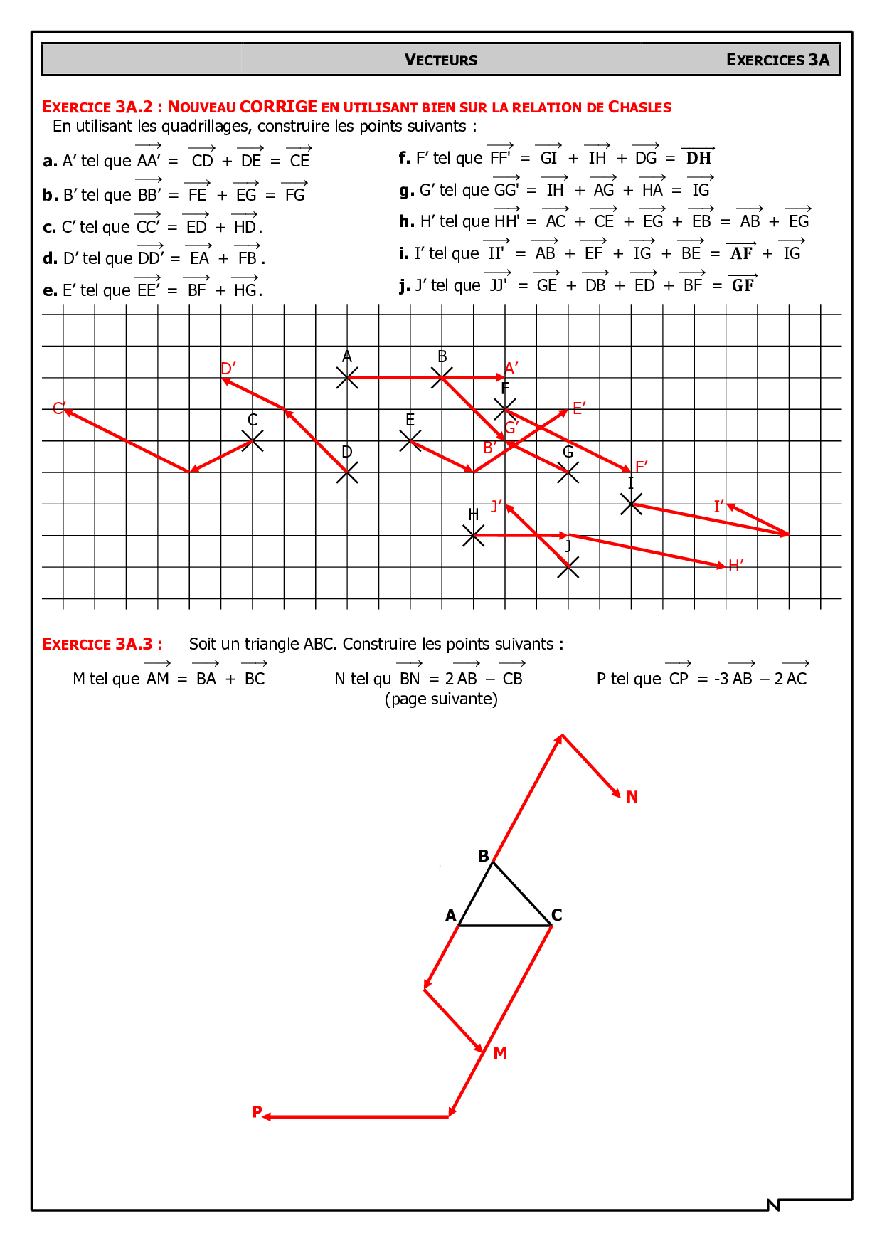 Calculs avec les vecteurs (constructions) - Corrigés d'exercices ...